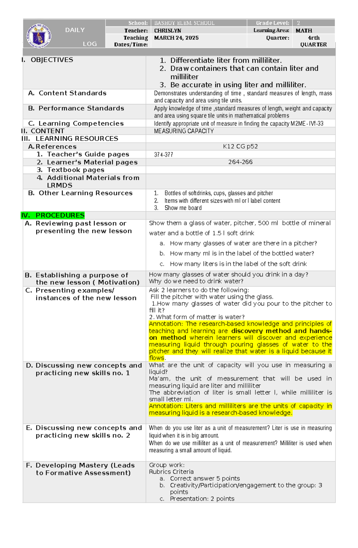 MATH-2COT 1 - LESSON PLAN: Measuring Capacity with Liters & Milliliters ...