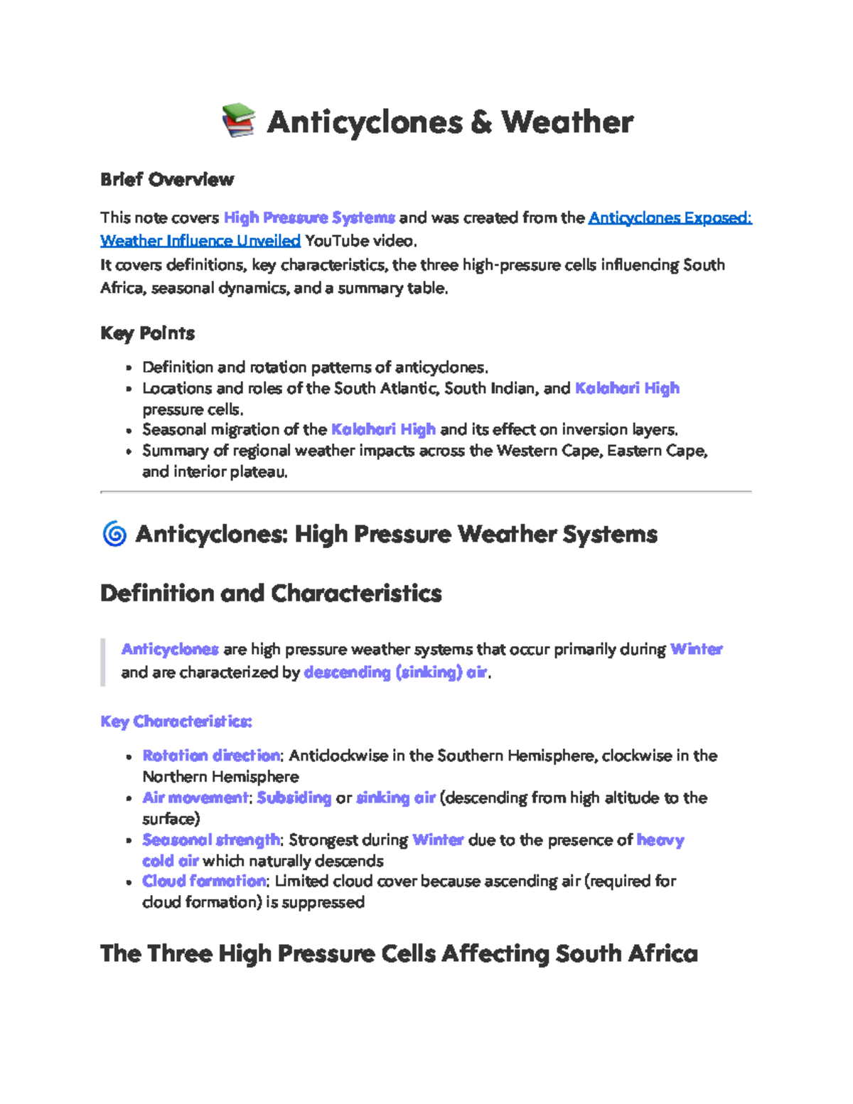 Anticyclones Weather Overview: High Pressure Systems in SA - Studocu