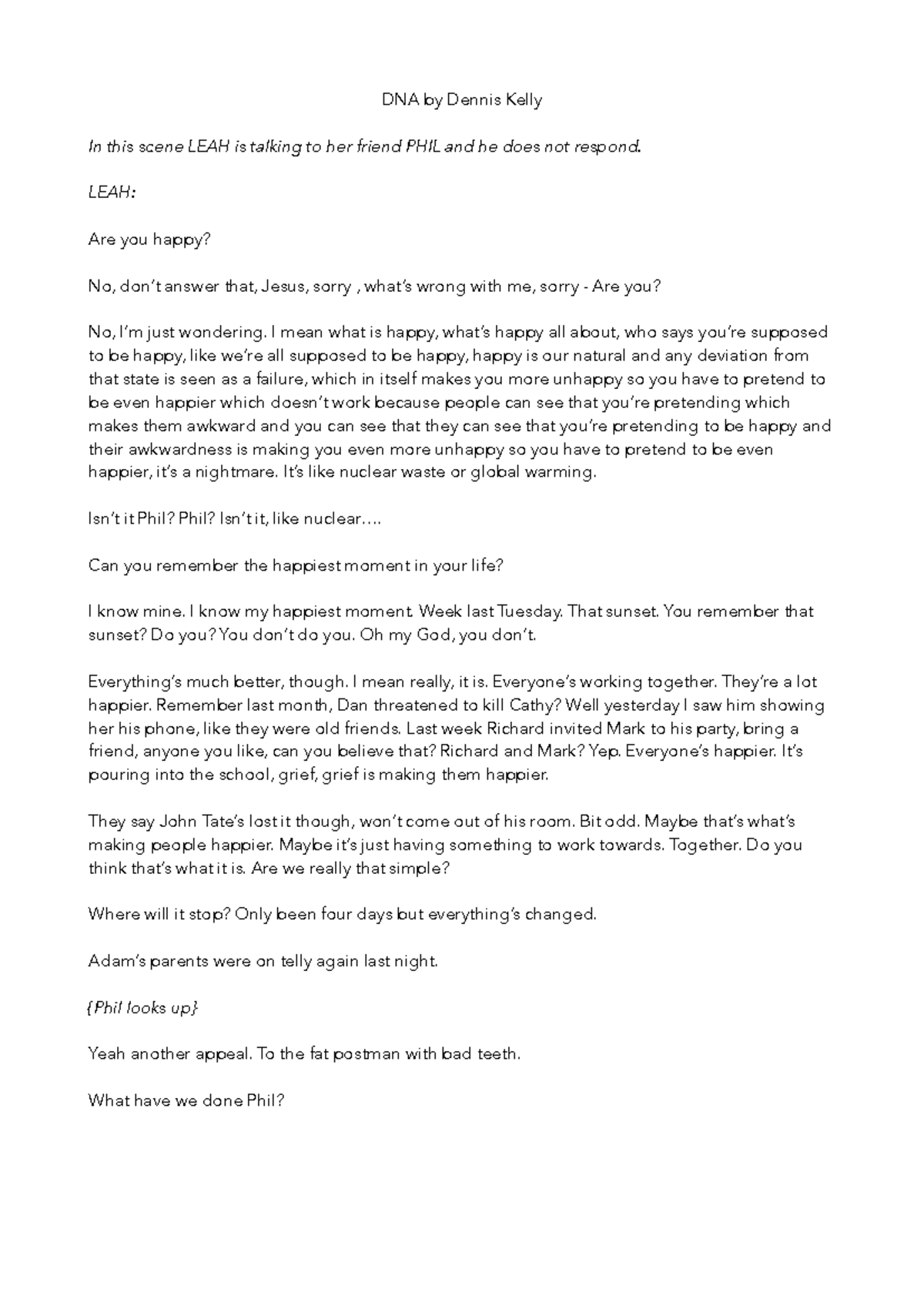 DNA - Leah's Monologue Analysis - Studocu