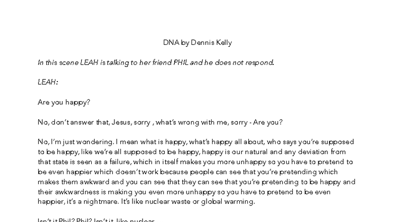 DNA - Leah's Monologue Analysis - Studocu