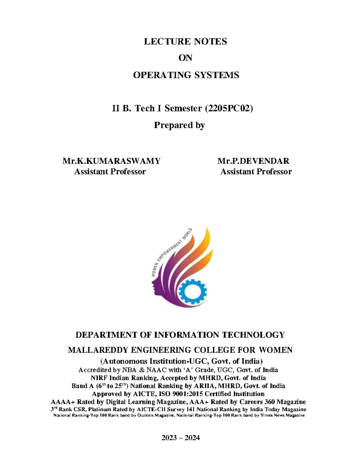 LECTURE NOTES ON OPERATING SYSTEMS II (2205PC02) - B. Tech I Sem - Studocu