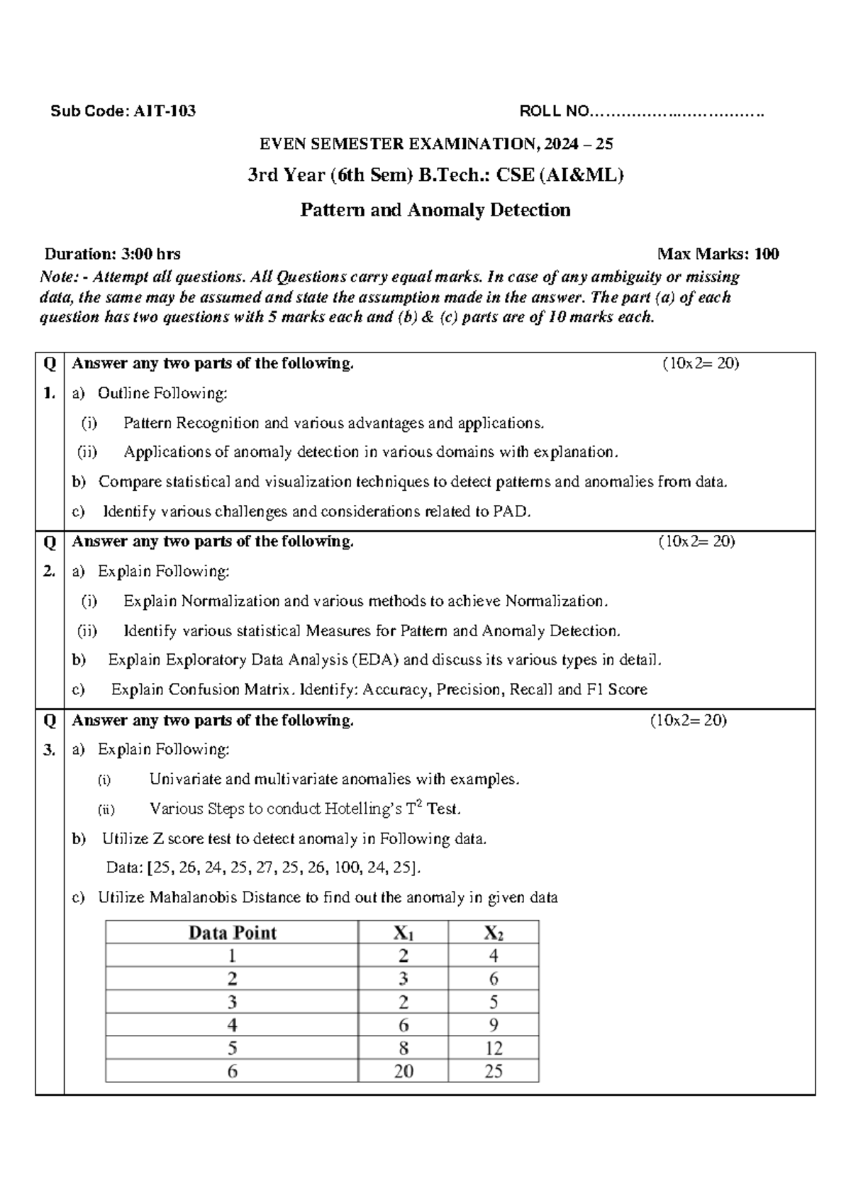 CSE 6th Sem Final Exam: Pattern & Anomaly Detection PYQ 2024 - Studocu