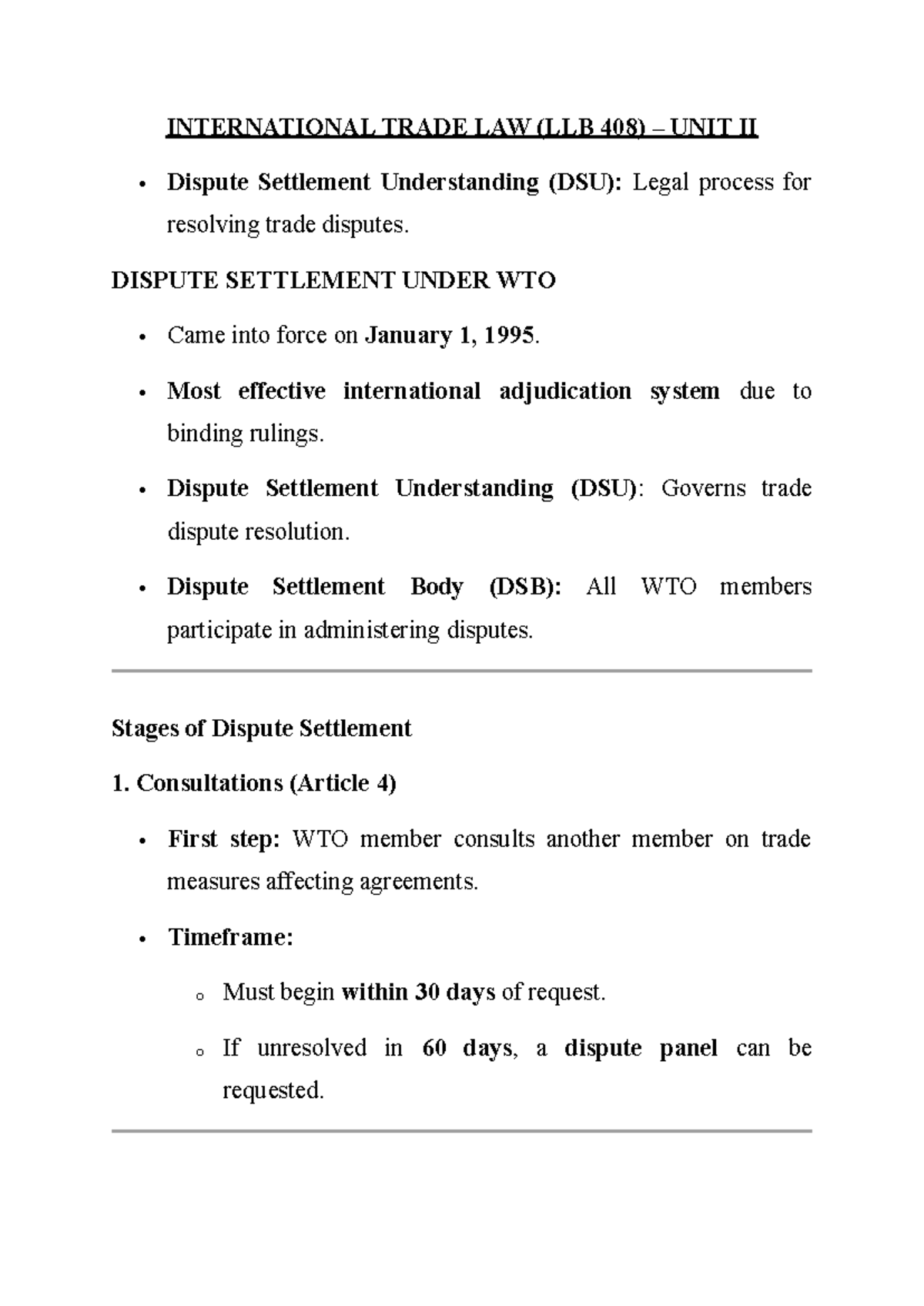 UNIT II ITL (LLB 408) - Dispute Settlement Understanding (DSU) Notes ...