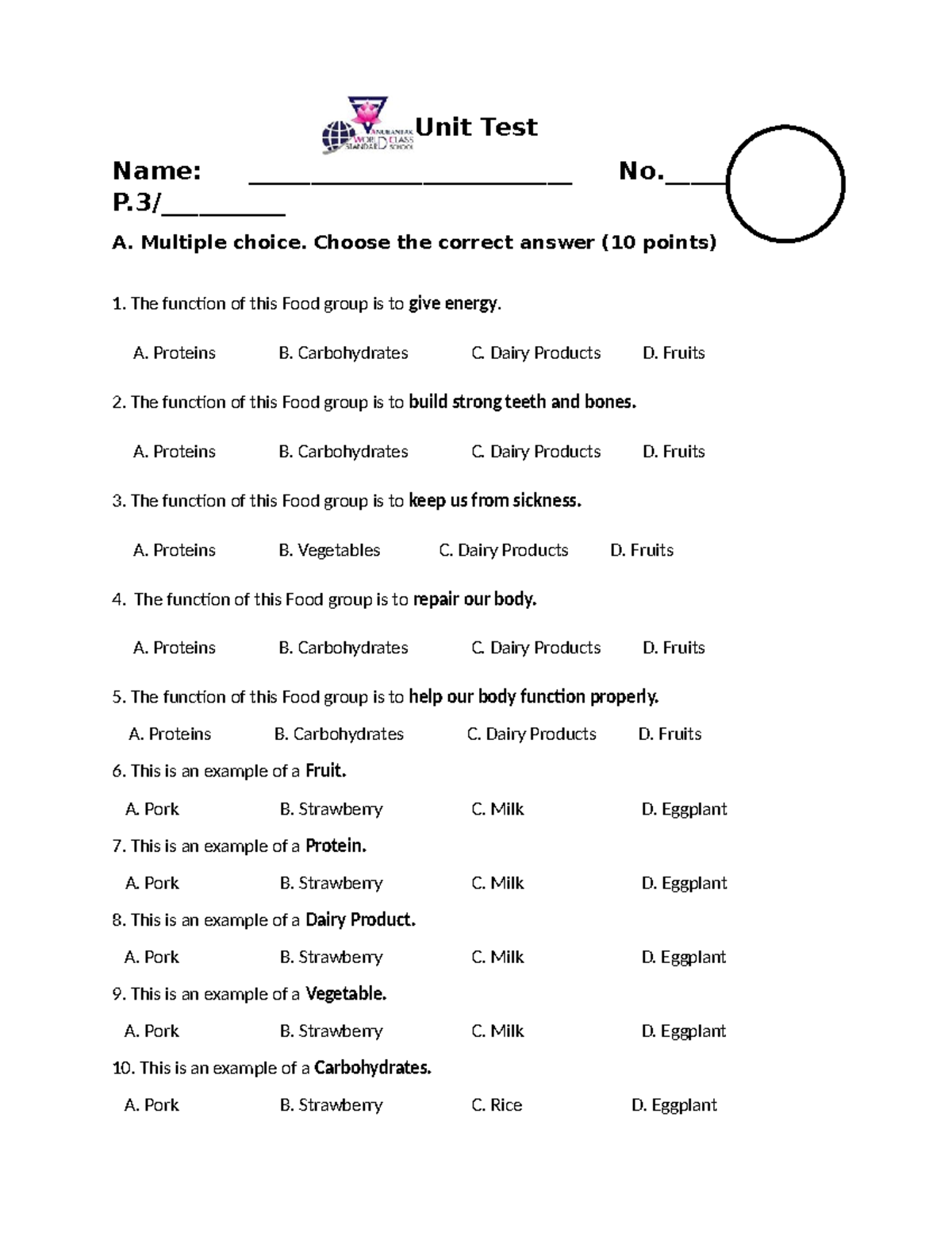 Science 3 unit test 3 - any - Unit Test Name ...