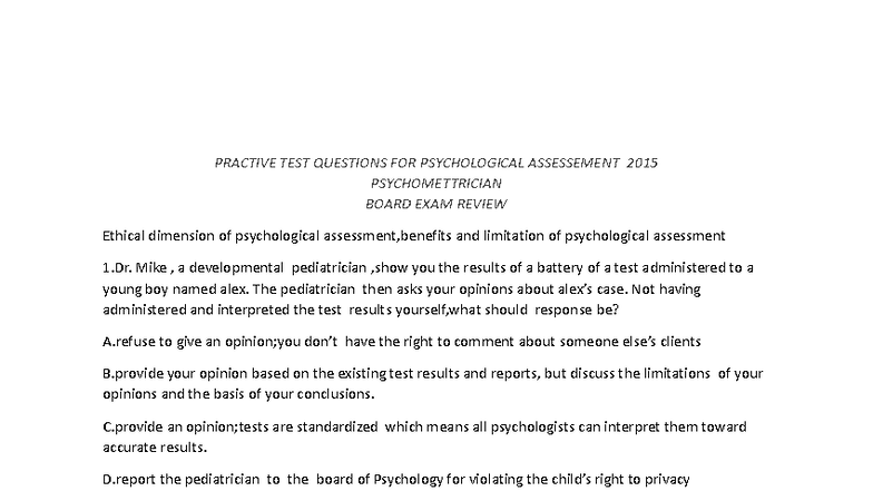 Practice Test Questions for PSYCH 2015 Psychometrician Exam Review ...