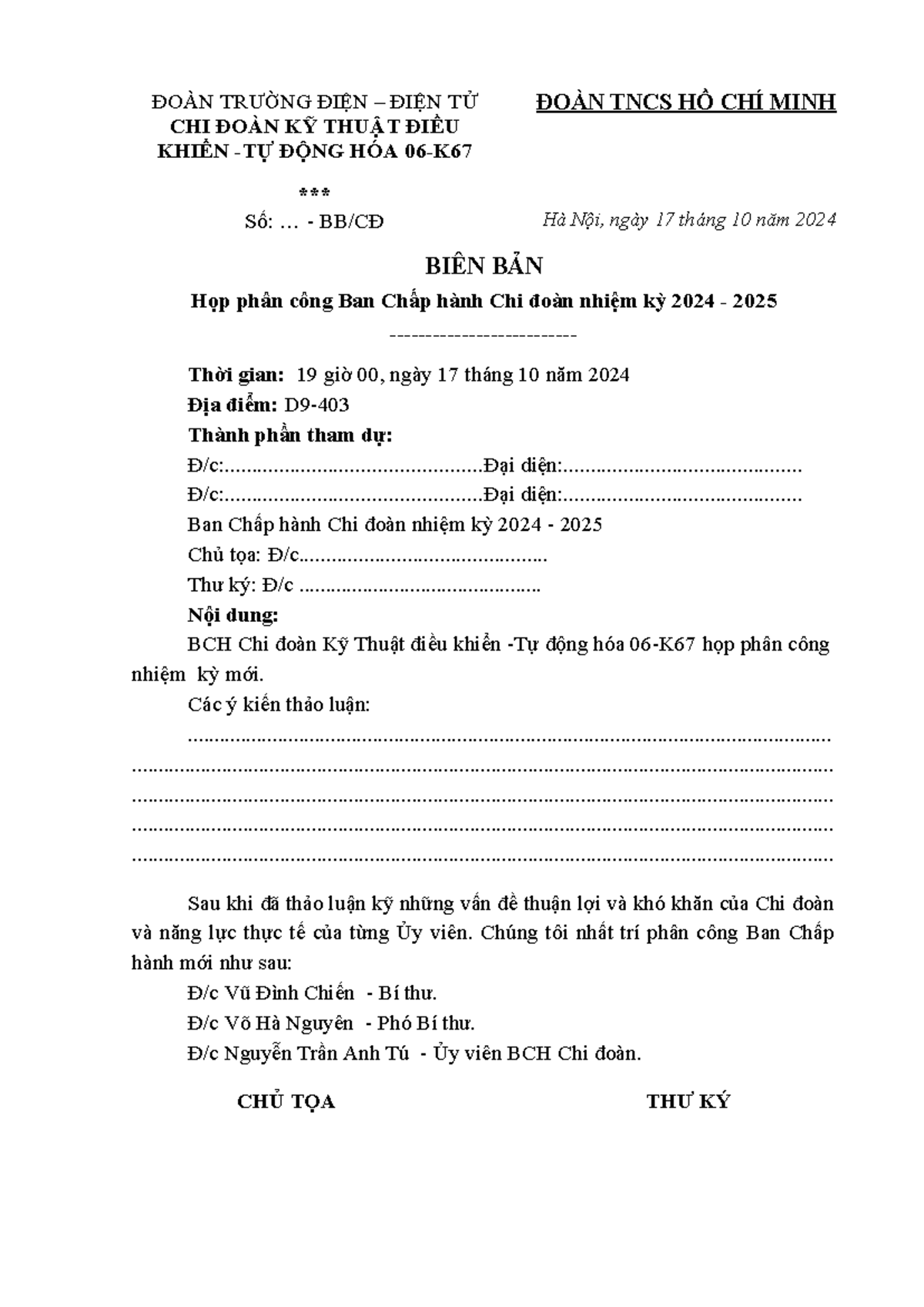 Biên bản họp phân công BCH Chi đoàn Kỹ thuật 06-K nhiệm kỳ 2024-2025 ...