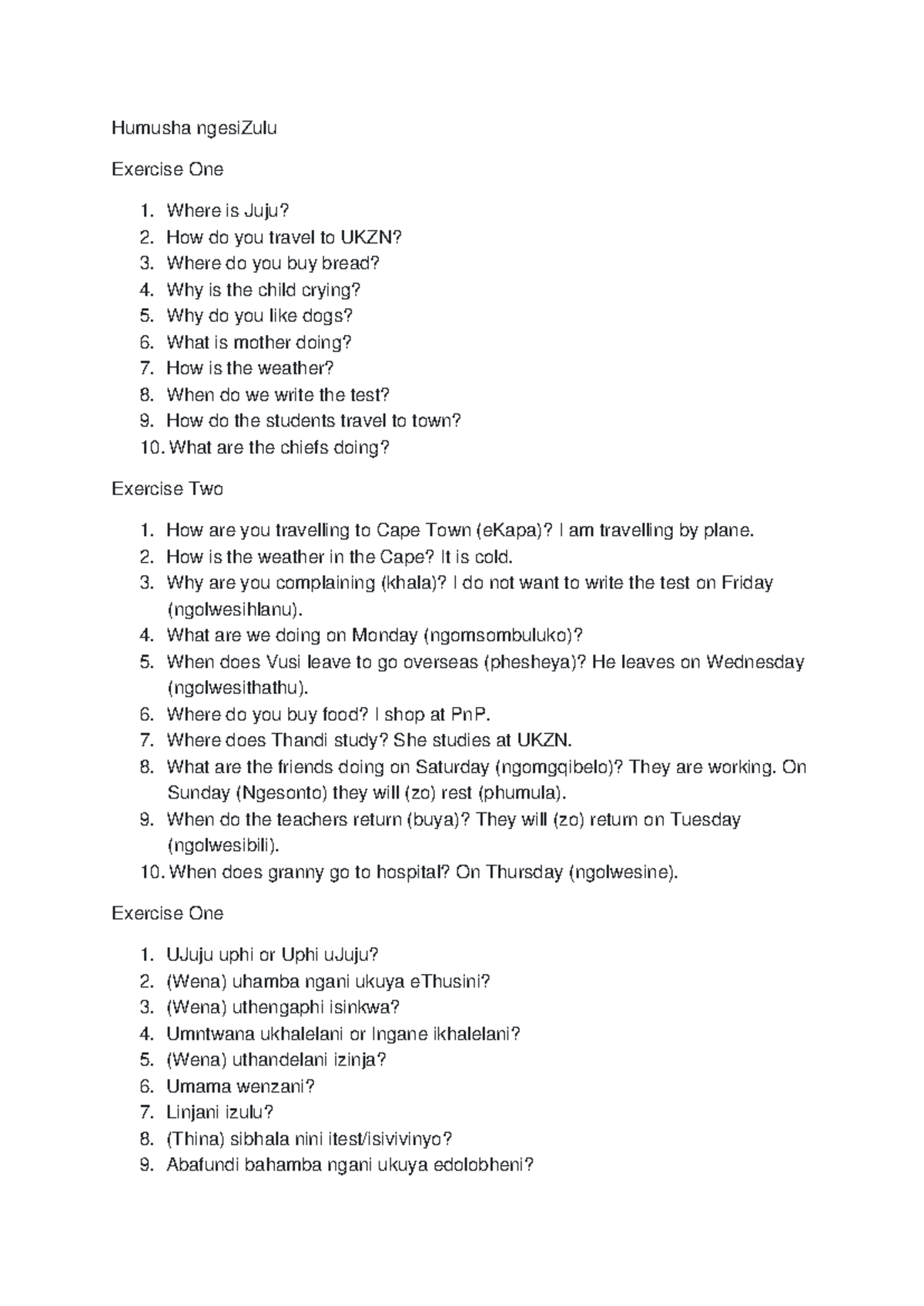 Humusha Zulu101: Basic Exercises and Questions - Studocu