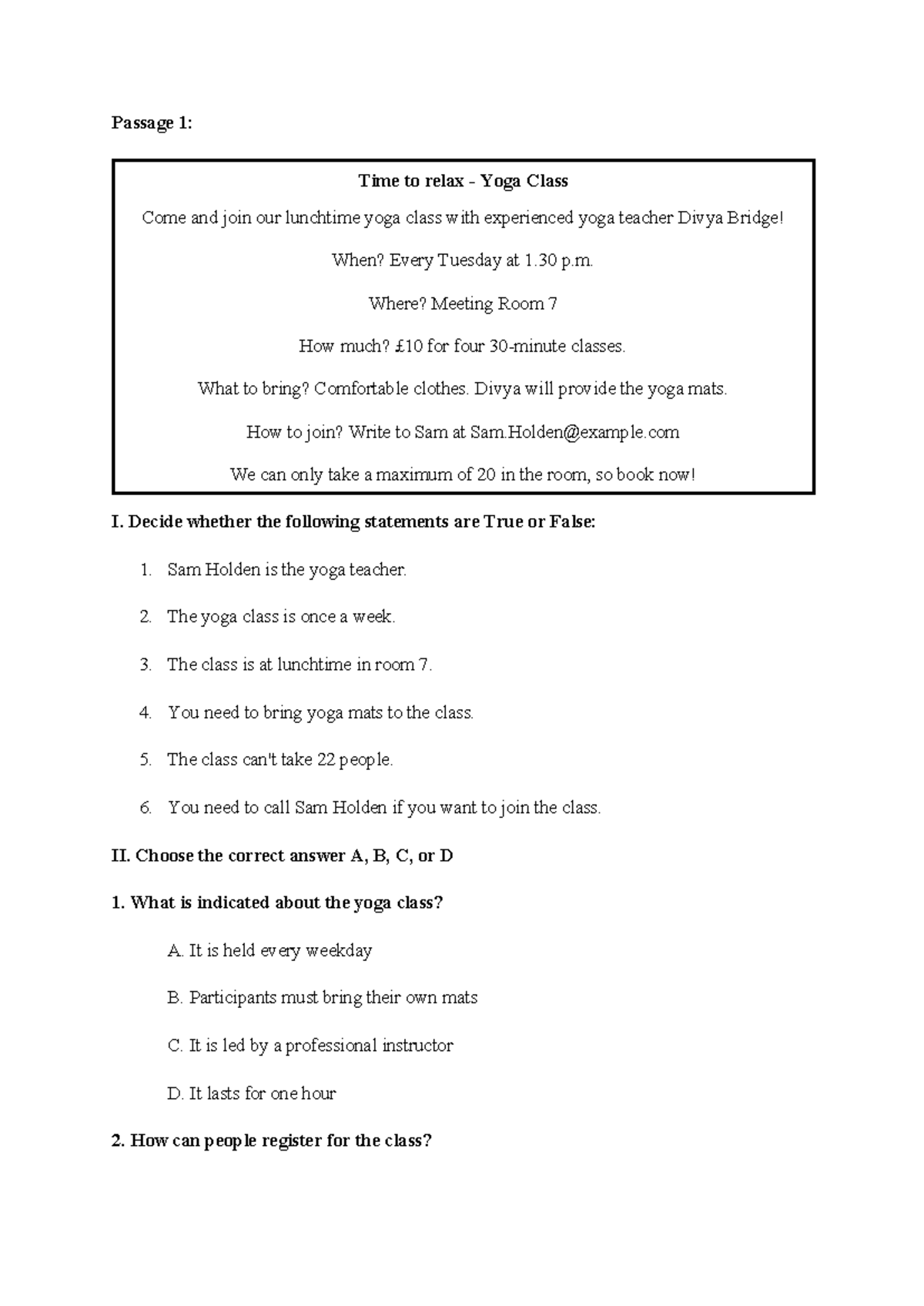 Reading Supplement - Yoga Class & Final Exam Instructions - Studocu