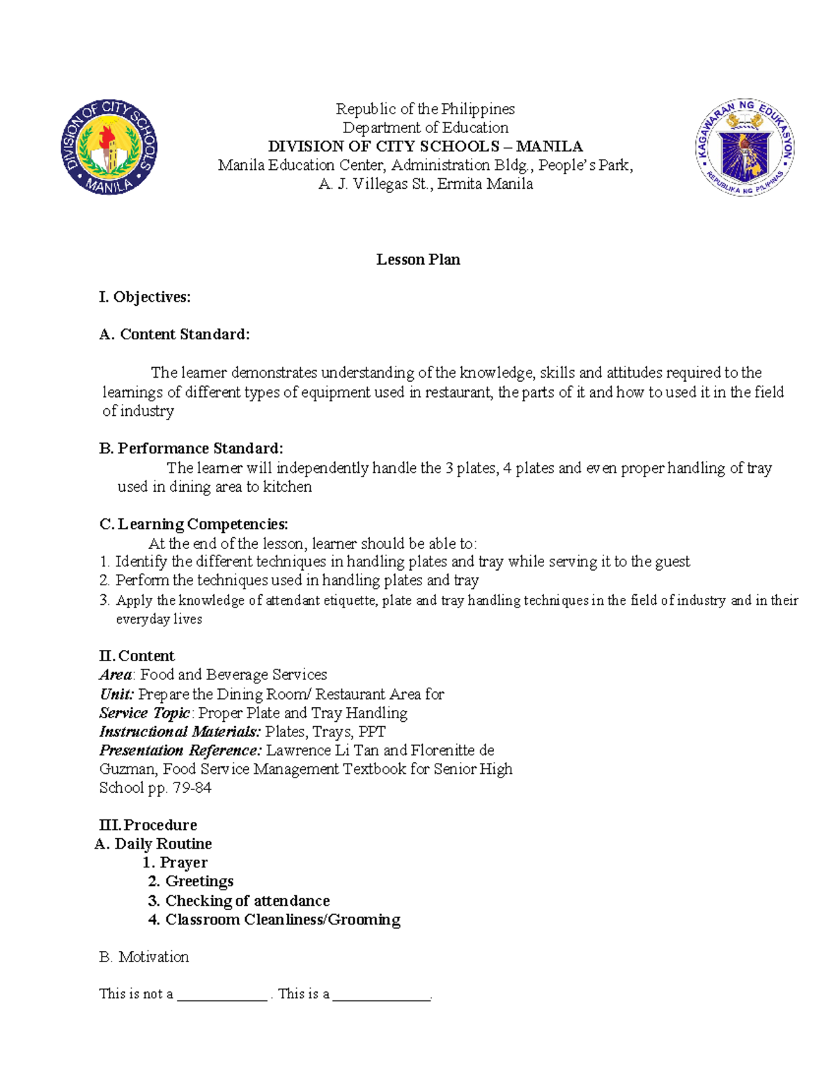 TVL HE Lesson Plan: Proper Plate and Tray Handling Techniques - Studocu