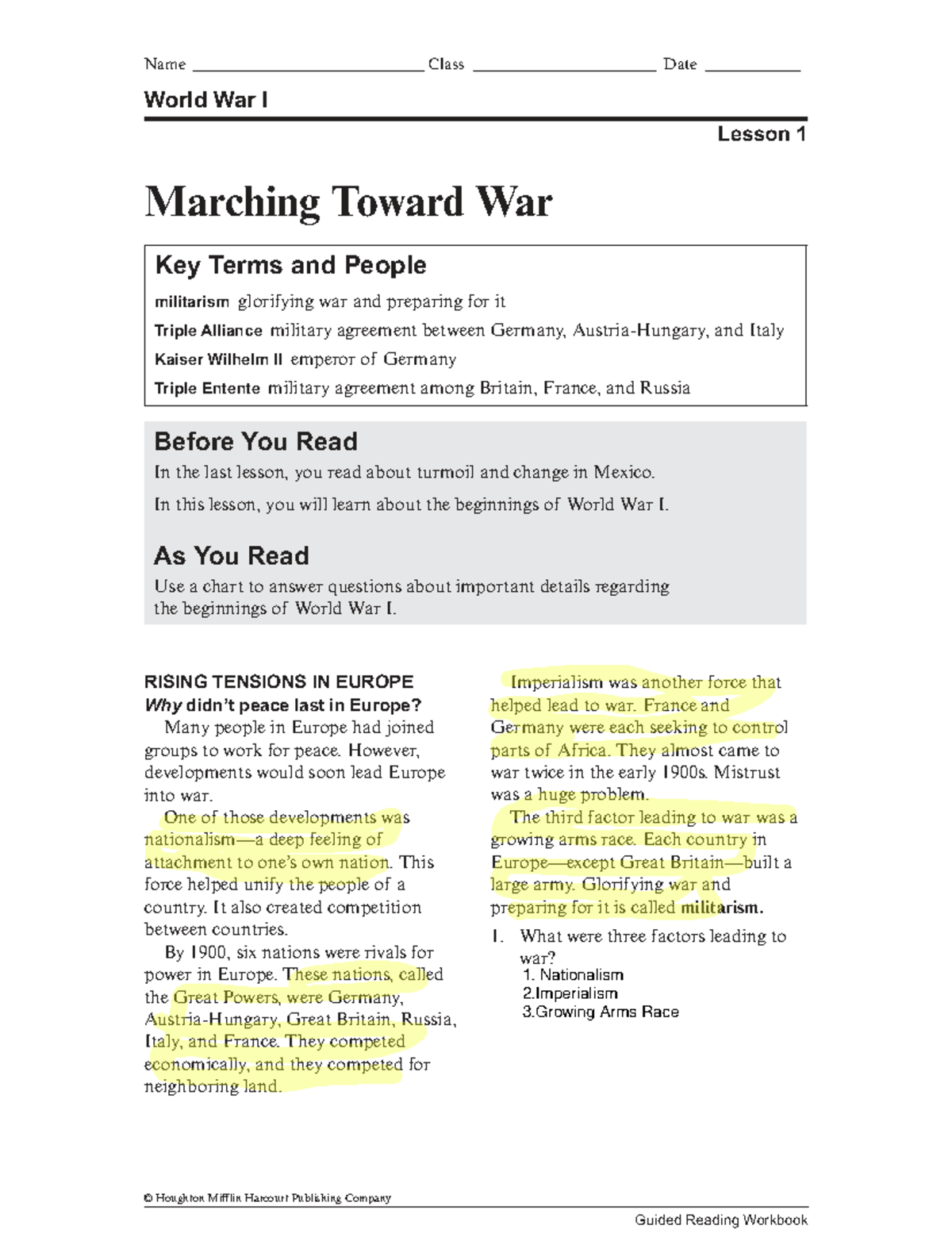 WWI Chapter 11 Lesson 1: Marching Toward War & Key Terms - Studocu