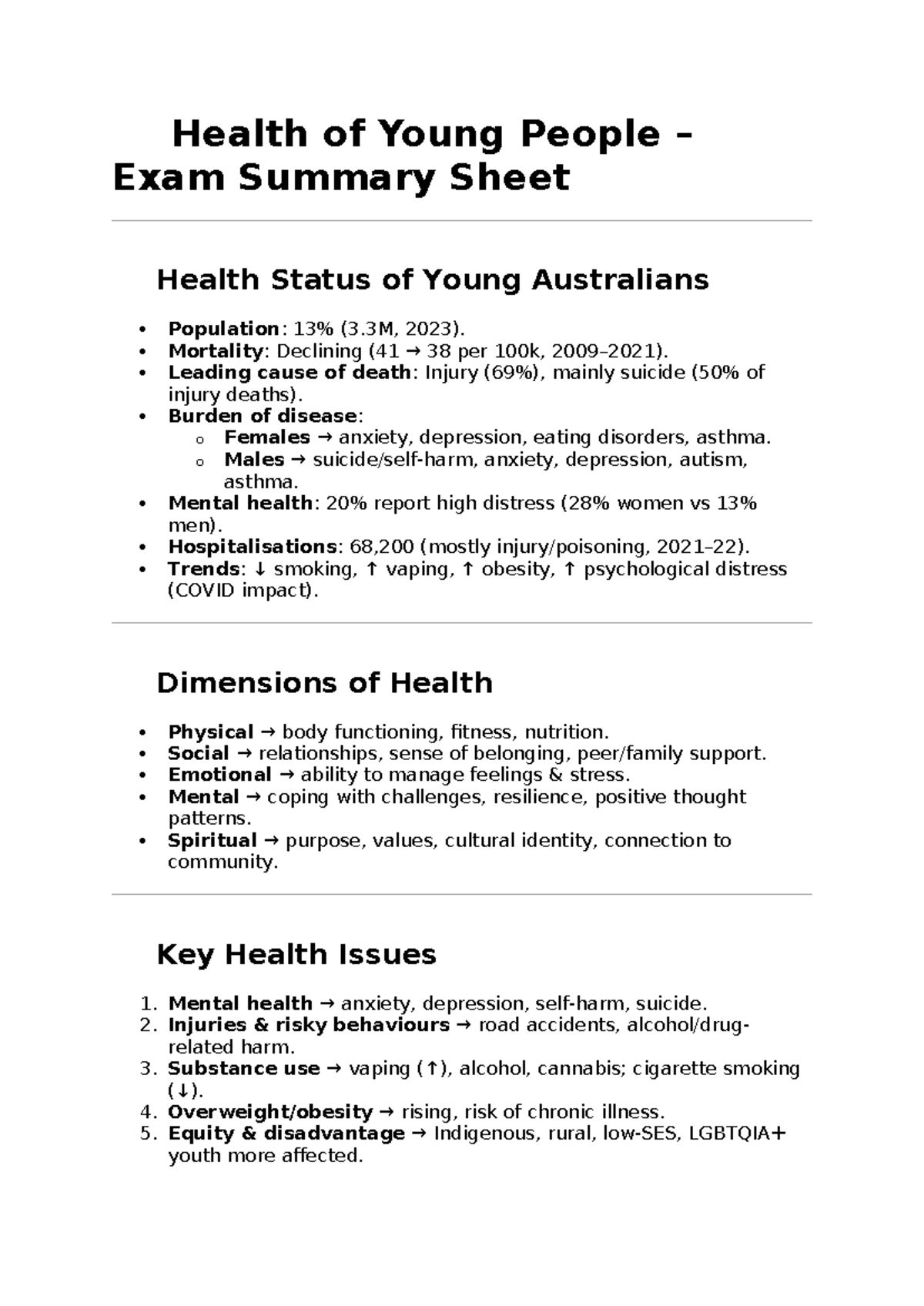 Health of Young Australians: Year 11 Prelim Exam Summary (Focus Area 1 ...