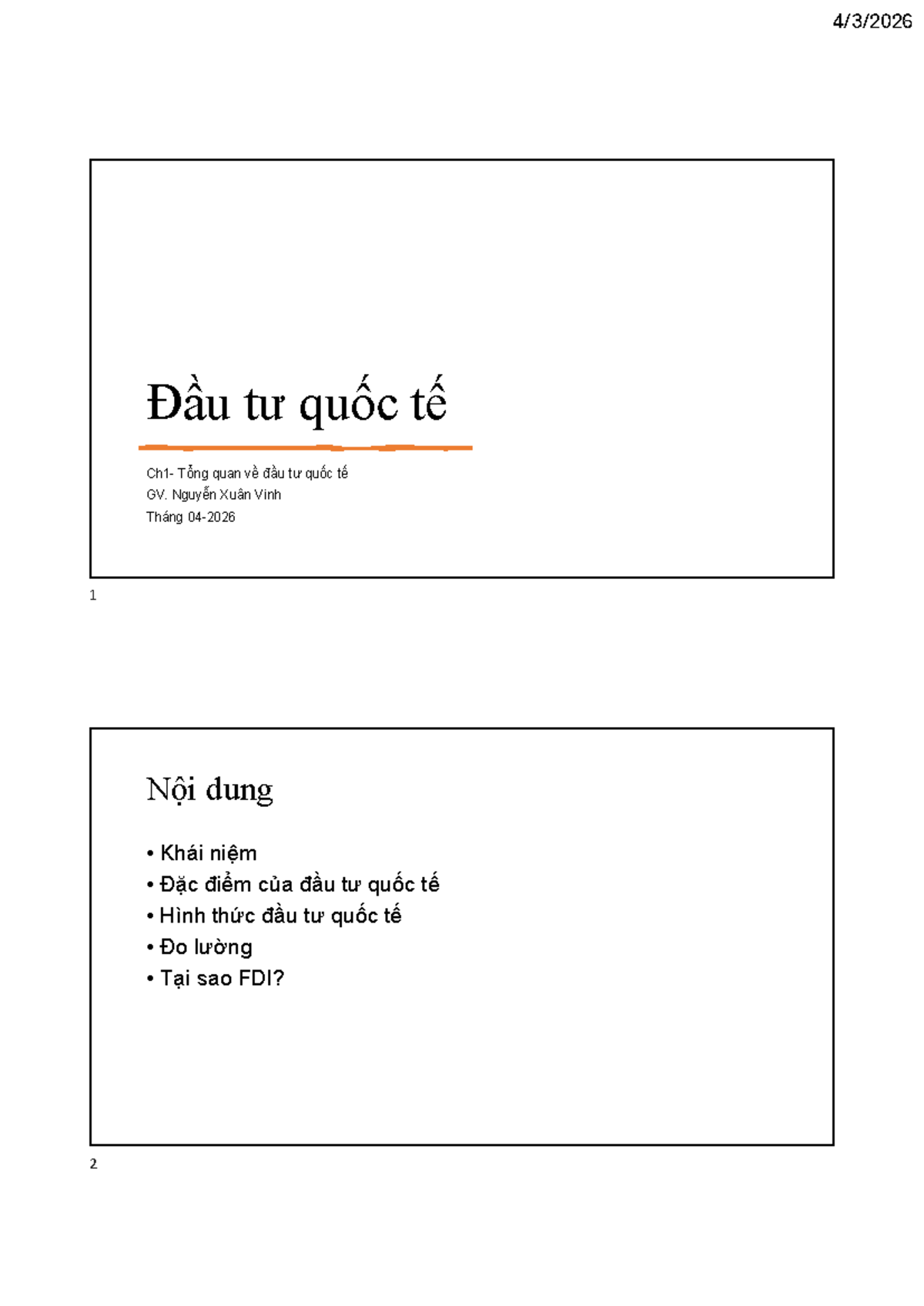 Tổng quan về Đầu Tư Quốc Tế - GV. Nguyễn Xuân Vinh 2026 - Studocu
