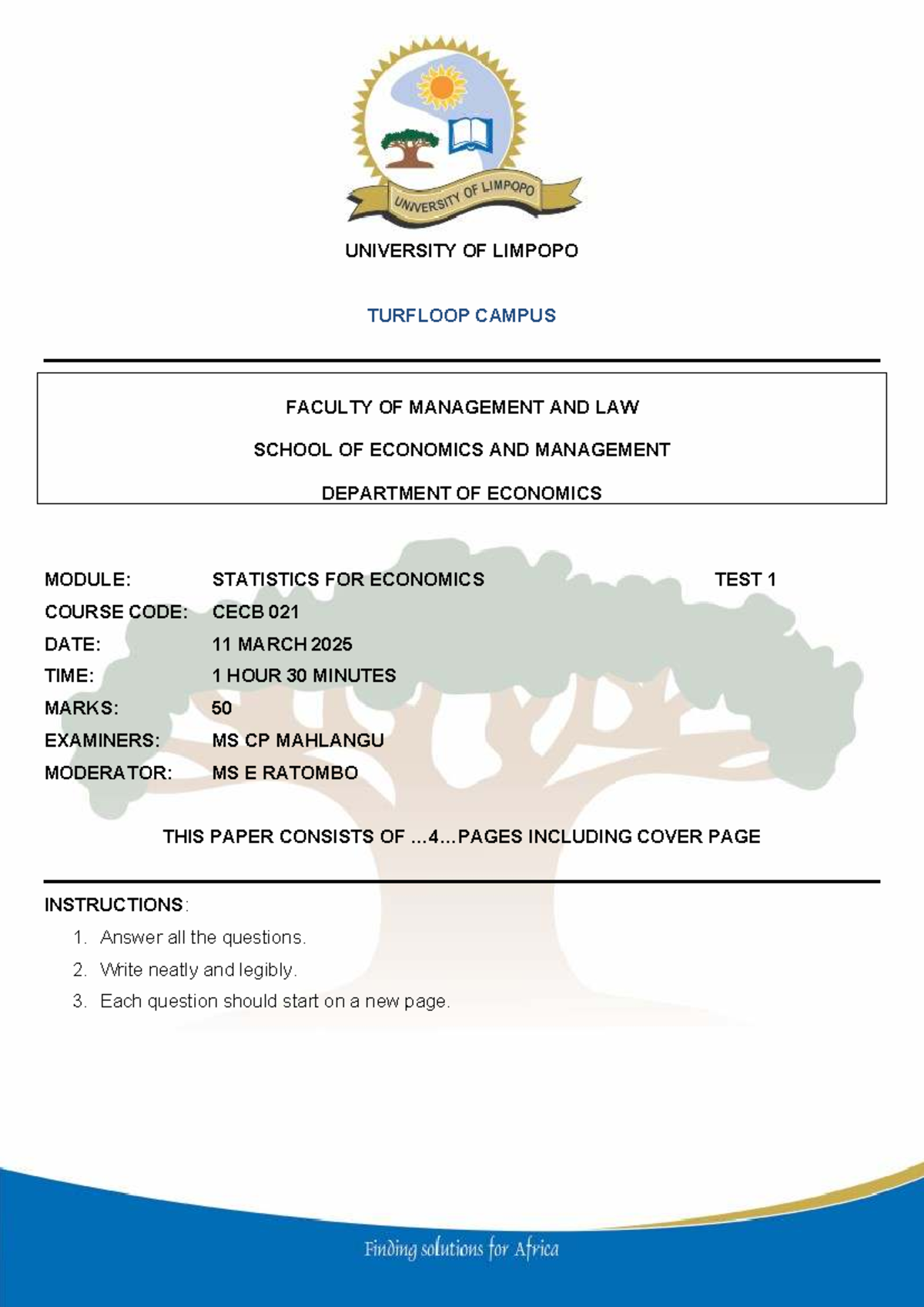 CECB 021 Statistics for Economics Test 1 Study Material 2025 - Studocu