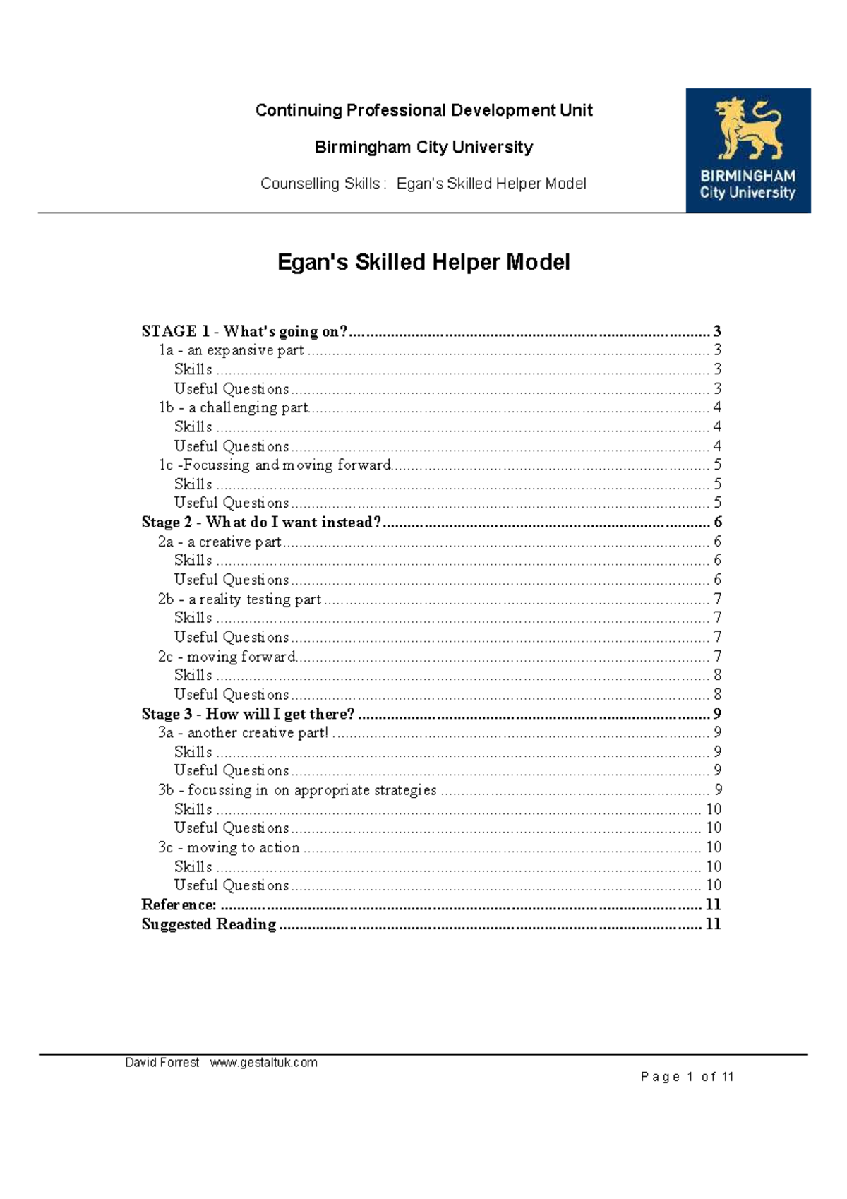 Birmingham City University Counselling Skills: Egan's Skilled Helper ...