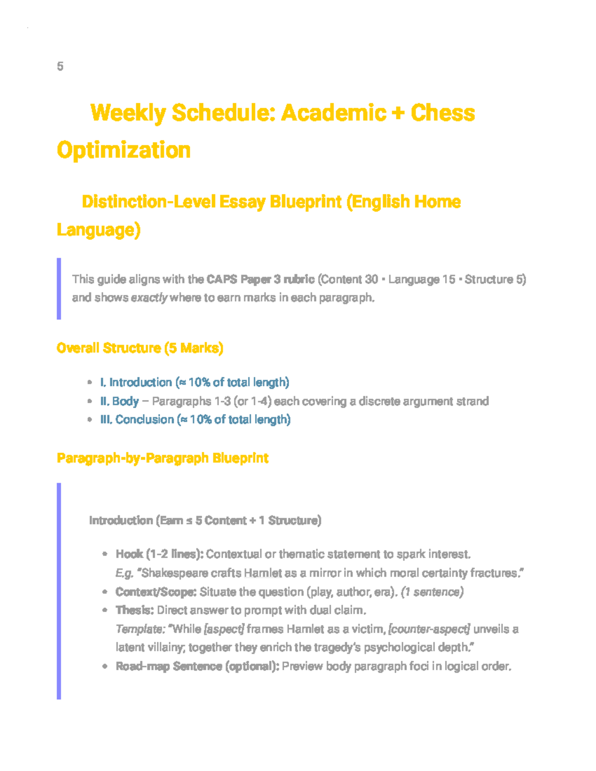 5 Weekly Schedule: Academic Chess Optimization Essay Plan (English Home ...
