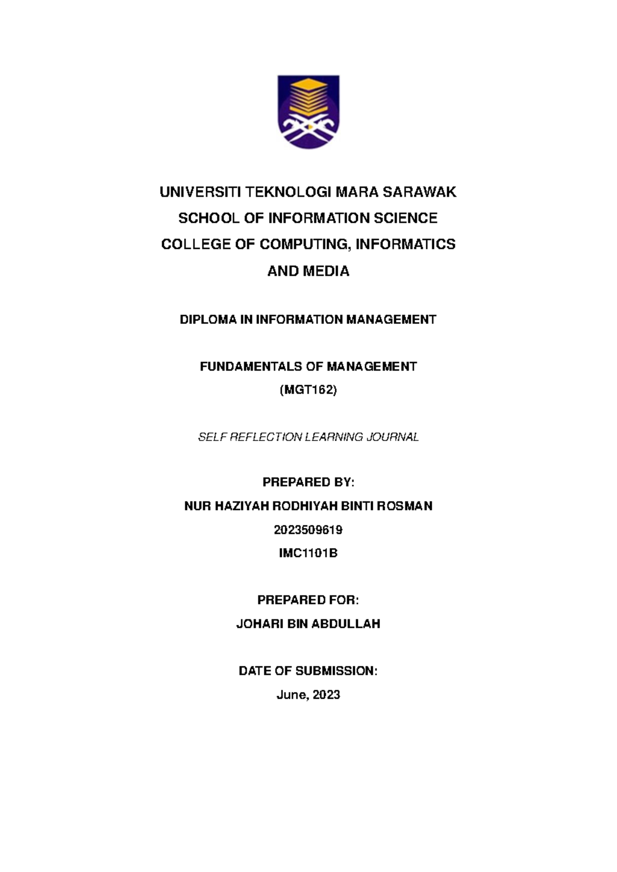 Self Reflection Journal: MGT162 - Fundamentals of Management - Studocu