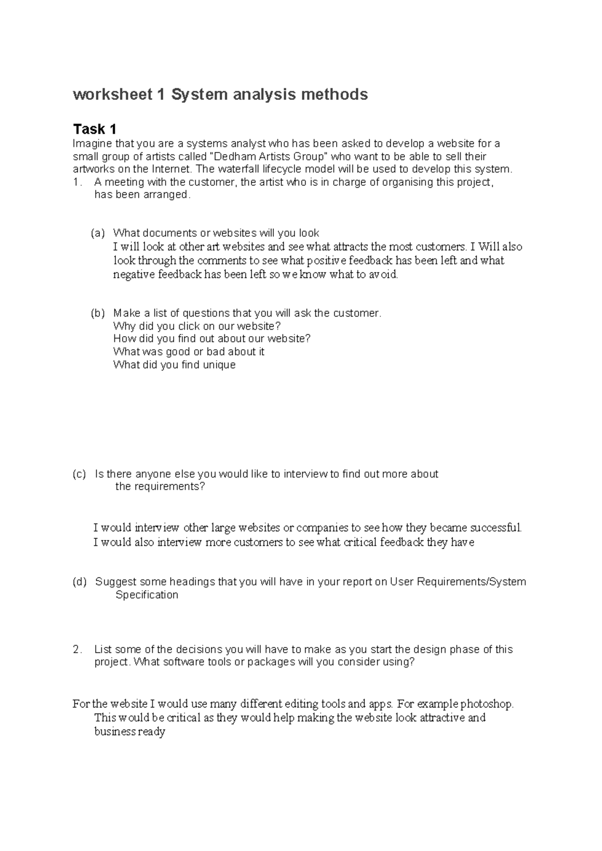 Worksheet 1: System Analysis Methods for Web Development Project - Studocu