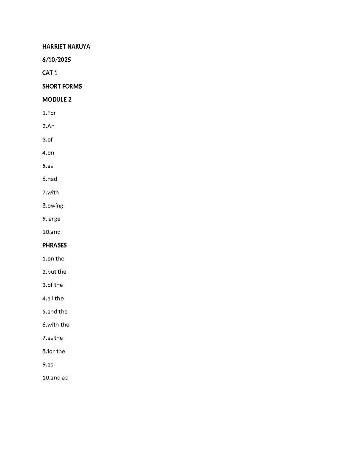 CAT 1 Revision: Short Forms & Phrases Module 2 - Studocu