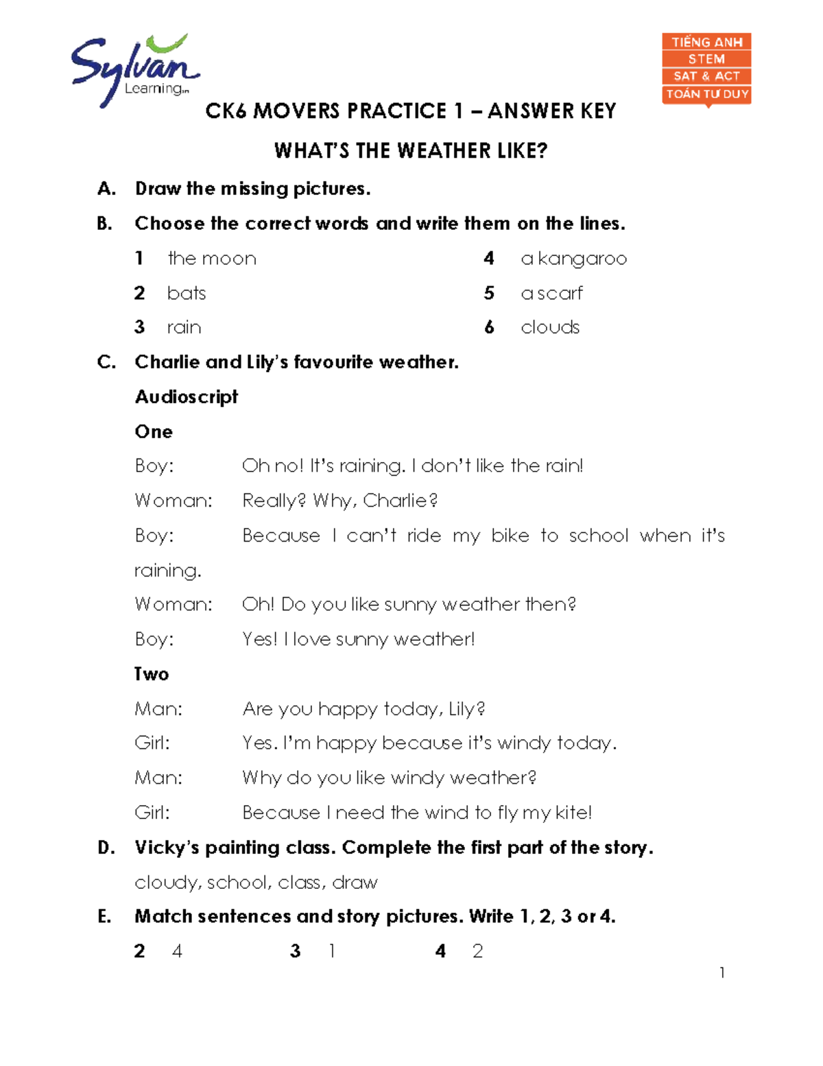 CK6 Movers Practice 1 - Comprehensive Answer Key Overview - Studocu