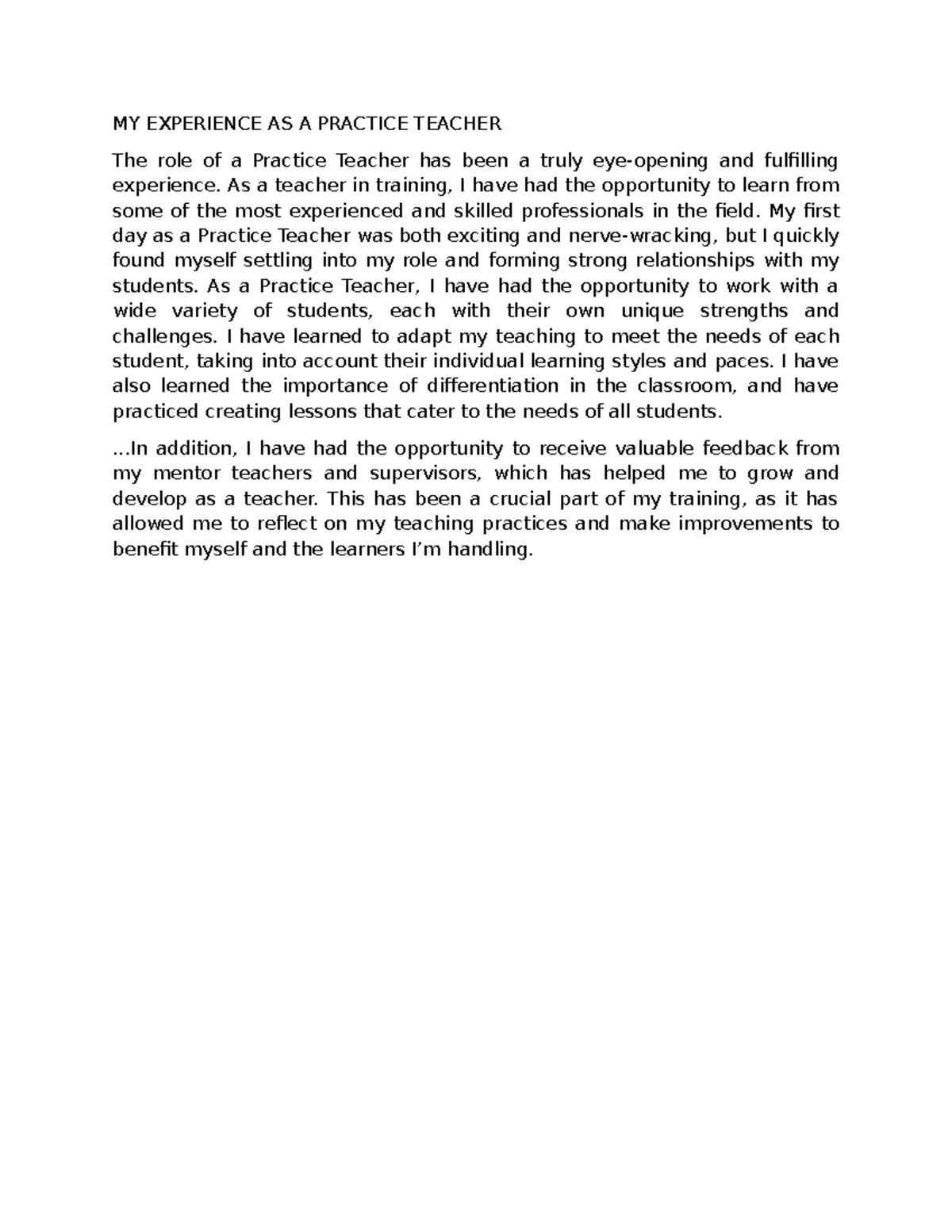 Experience as a Practice Teacher: Insights and Growth in Education ...