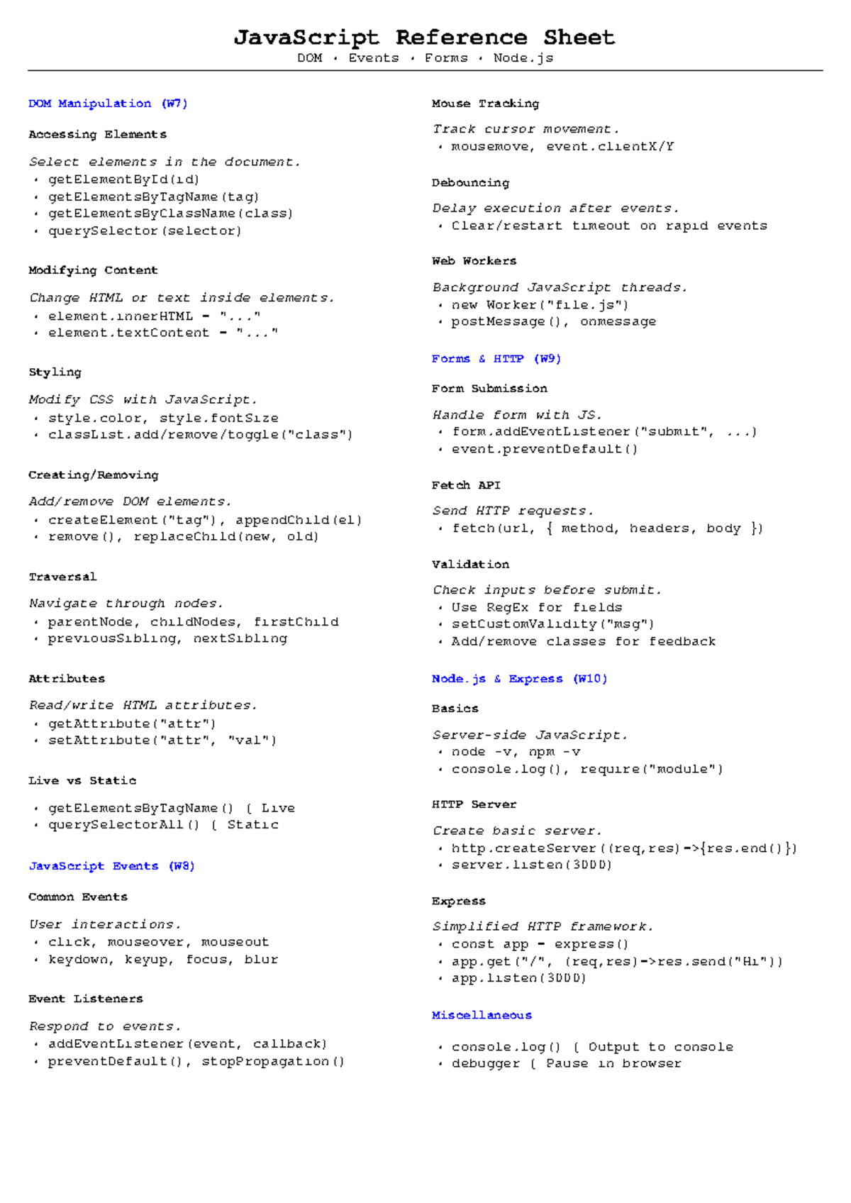 JavaScript Reference Sheet: DOM Events, Node.js, and Forms (W7-W10) - Studocu