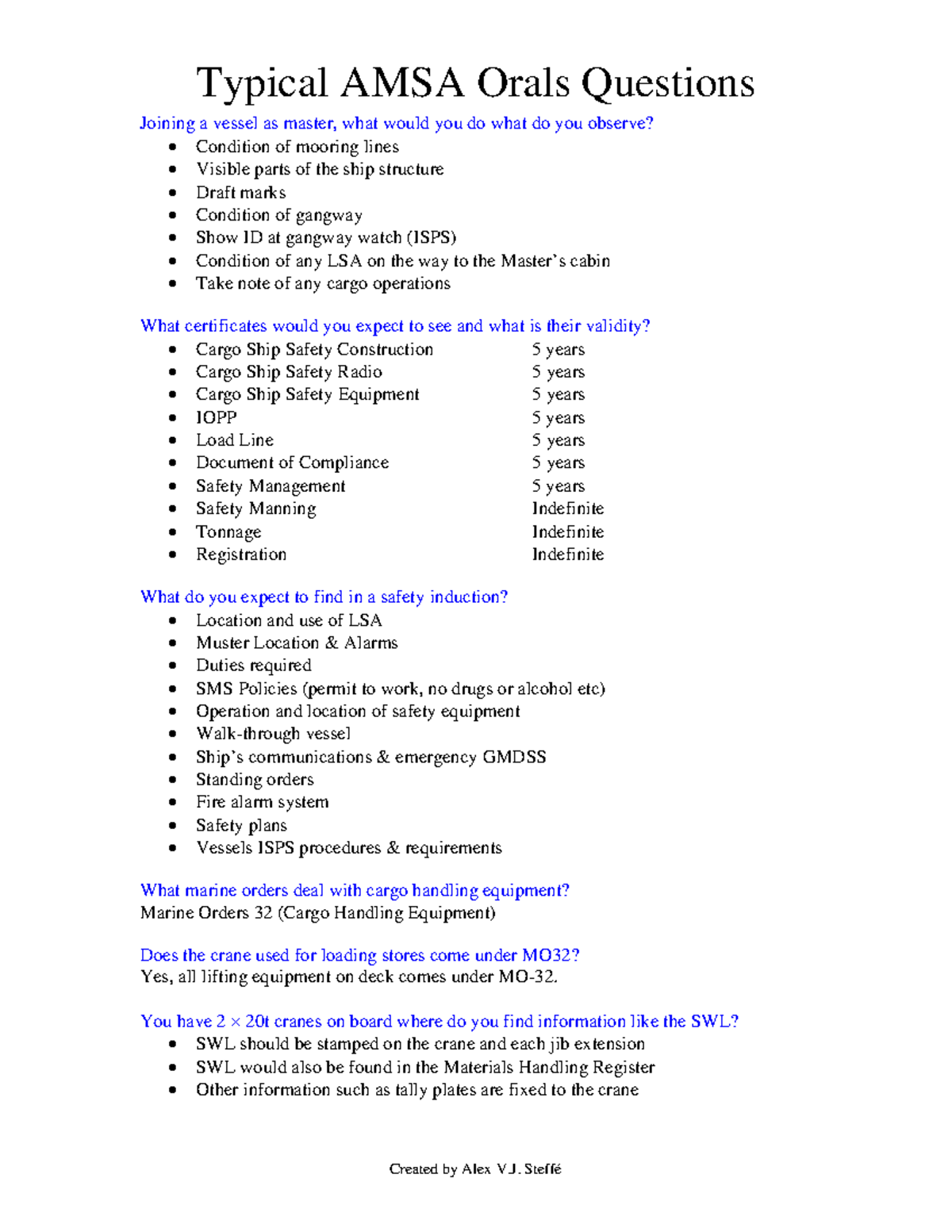 Typical AMSA Oral Questions for Master Certification Exam - Studocu