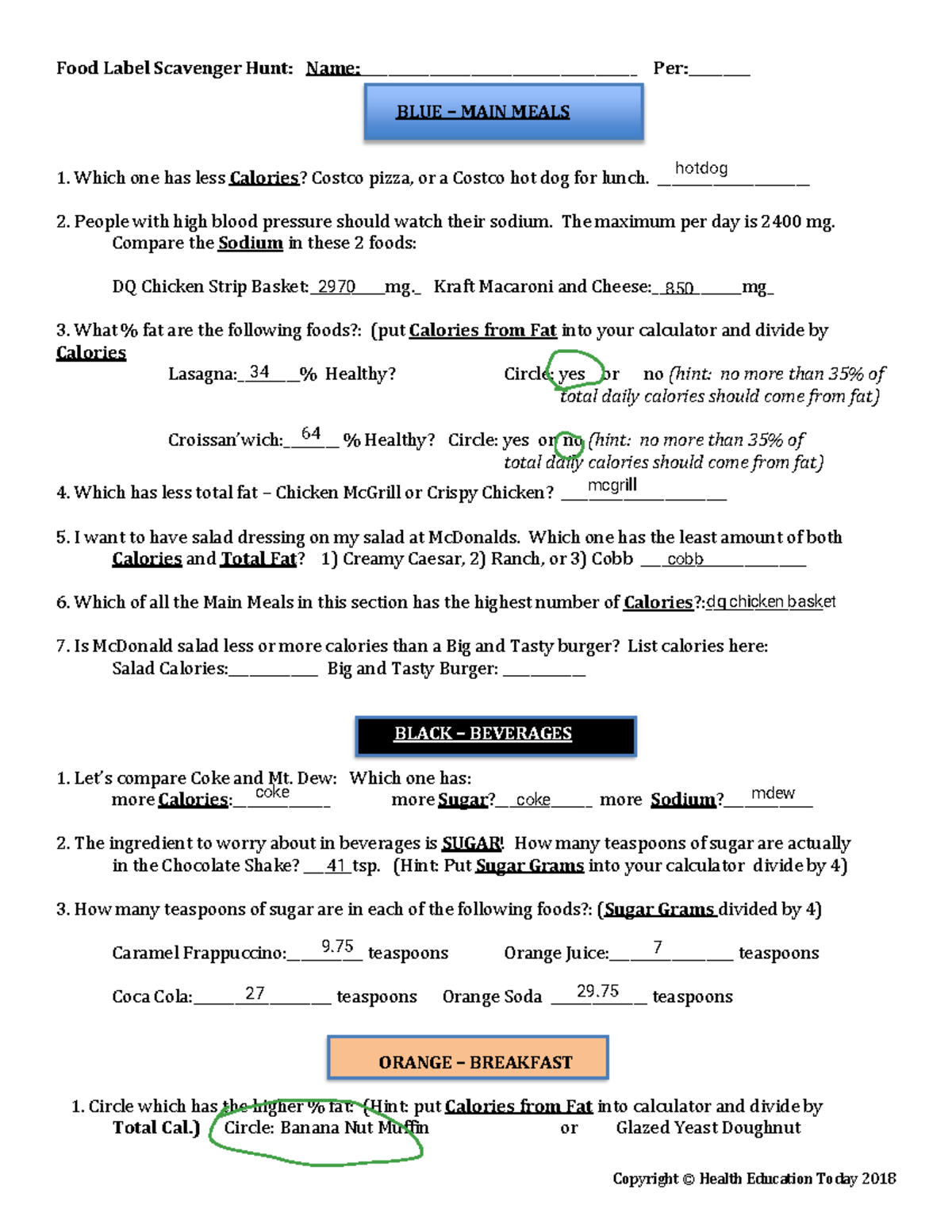 Alexander Trent - Food Label Scav Hunt Worksheet - Copyright © Health ...