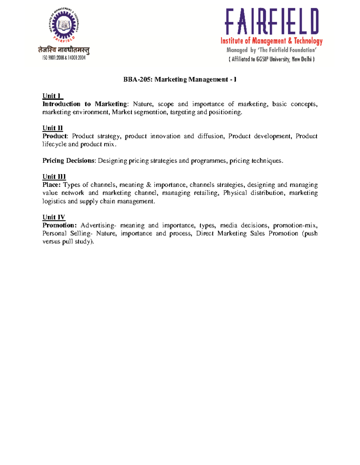 BBA-205: Comprehensive Marketing Management Lecture Notes - Studocu