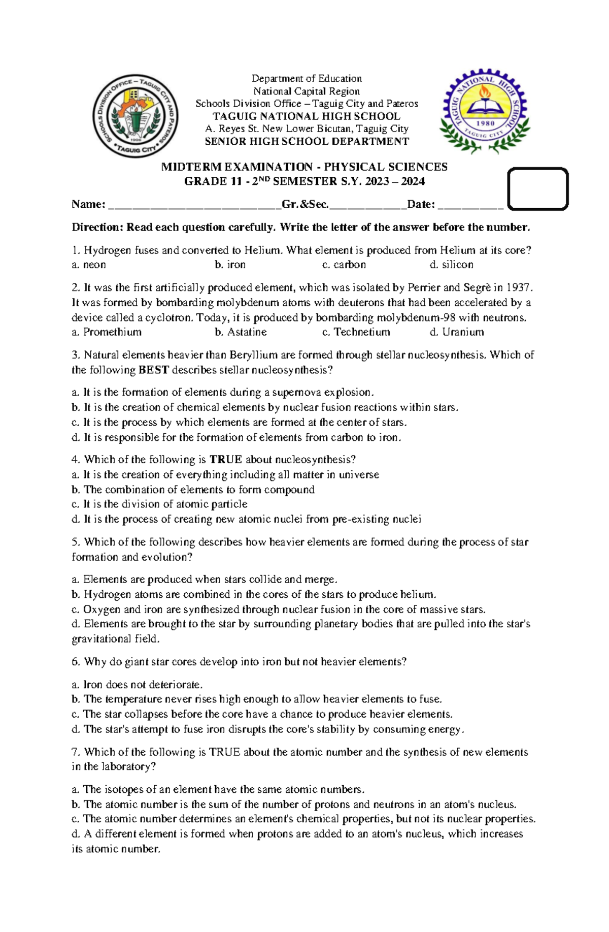 Grade 11 S.Y. 2023-2024 Midterm Exam Review: Physical Science Insights ...
