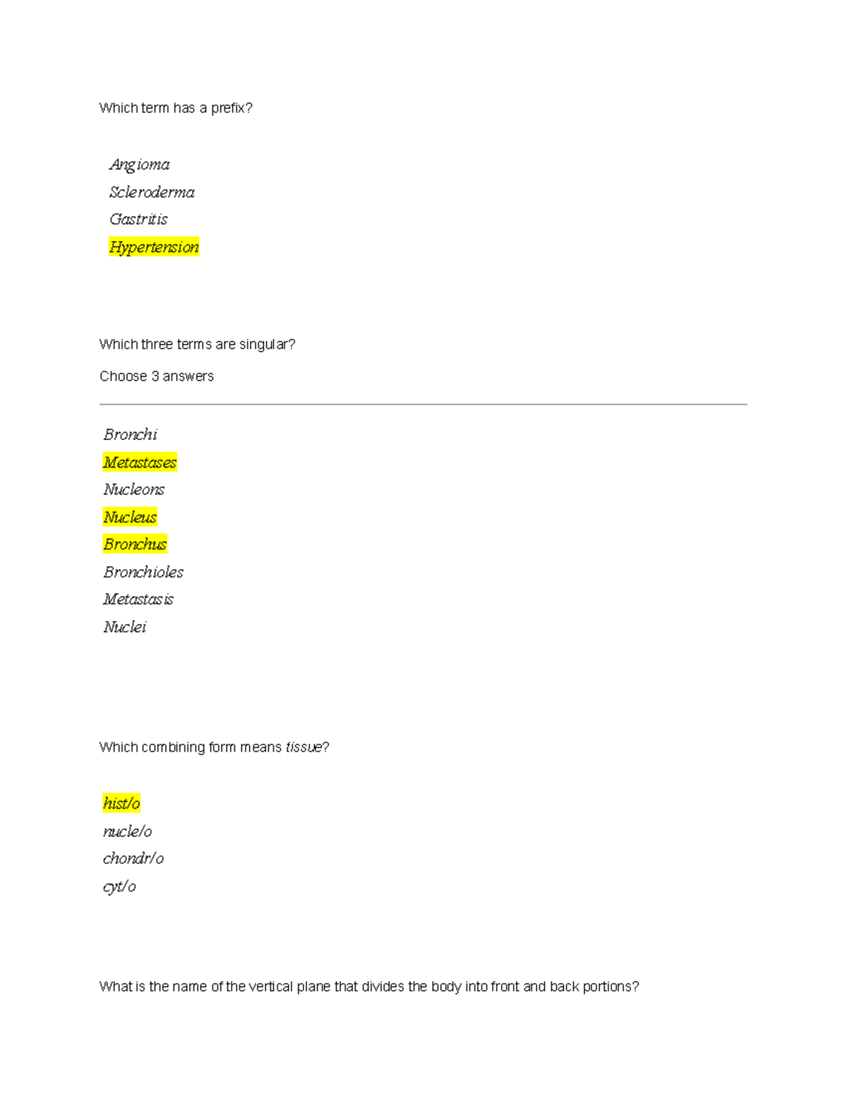 Medical Terms Practice Quiz: Pre Assessment Overview - Studocu