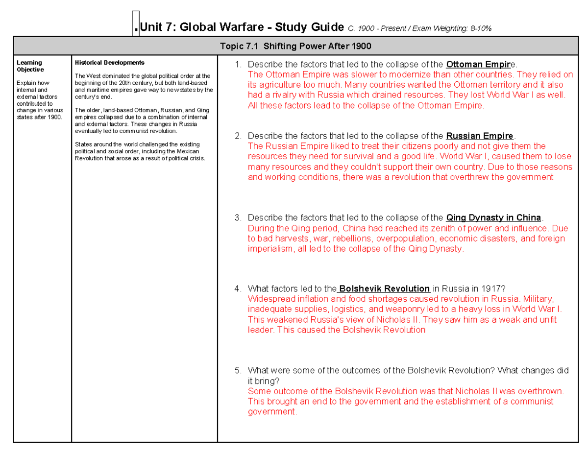 AP World History Unit 7 Study Guide: Global Warfare 1900-Present - Studocu