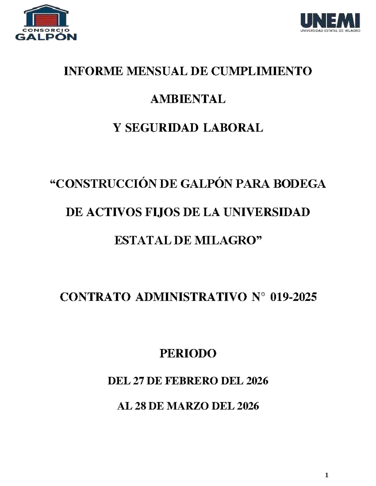 Informe Mensual de Cumplimiento Ambiental y Seguridad Laboral - UNEMI ...