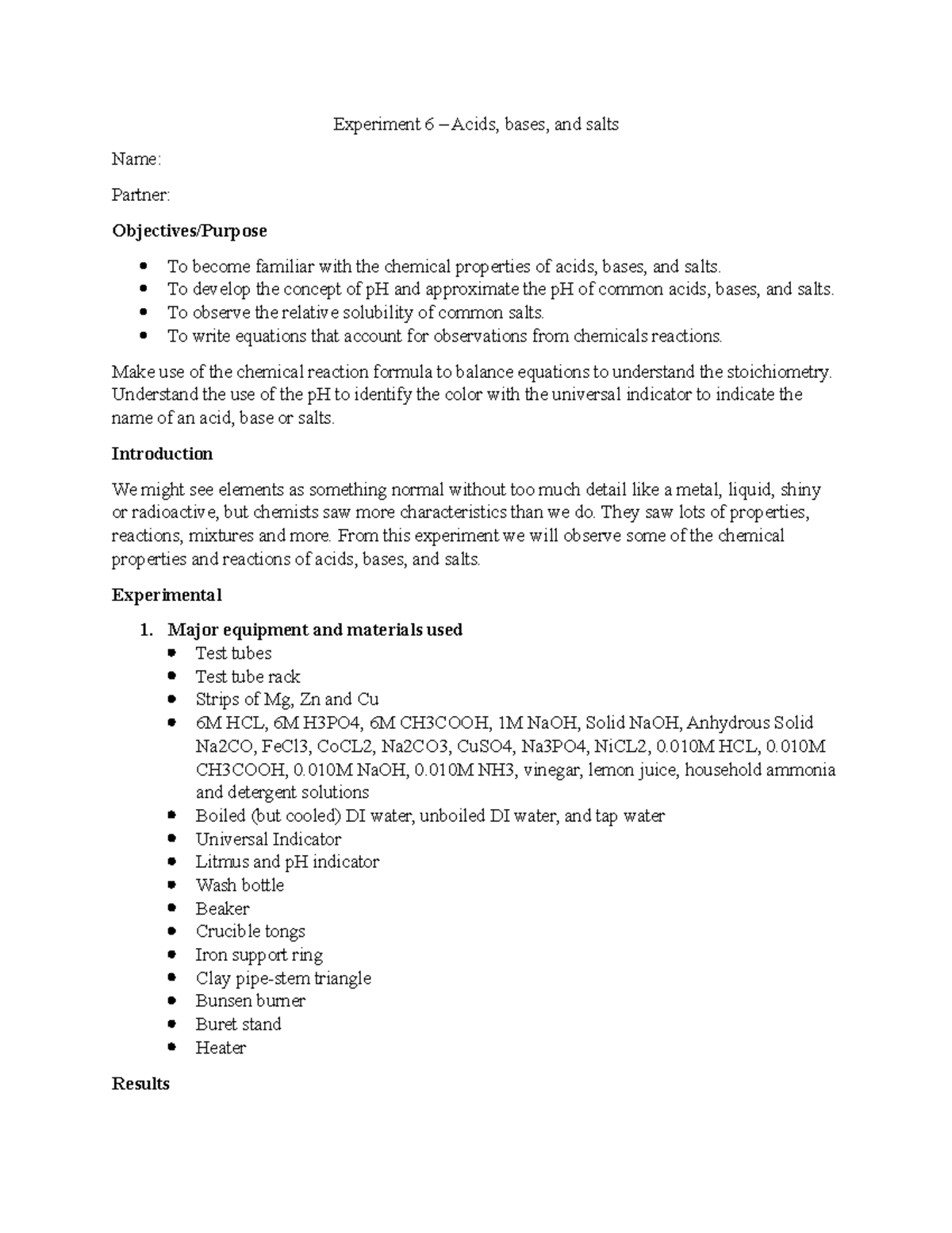 Lab Report 6 Experiment 6 - Experiment 6 – Acids, bases, and salts Name ...