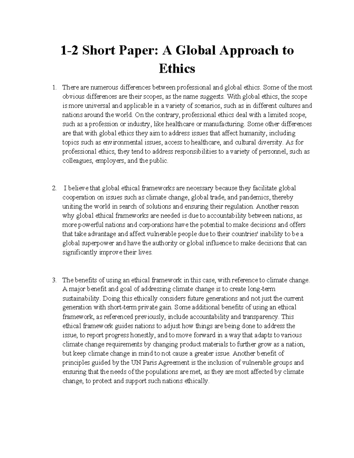 PHL-218 Short Paper: Global vs. Professional Ethics Analysis - Studocu