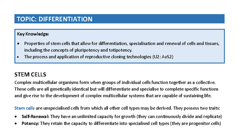 Differentiation and Stem Cells: Properties and Potency (U2: AoS2) - Studocu