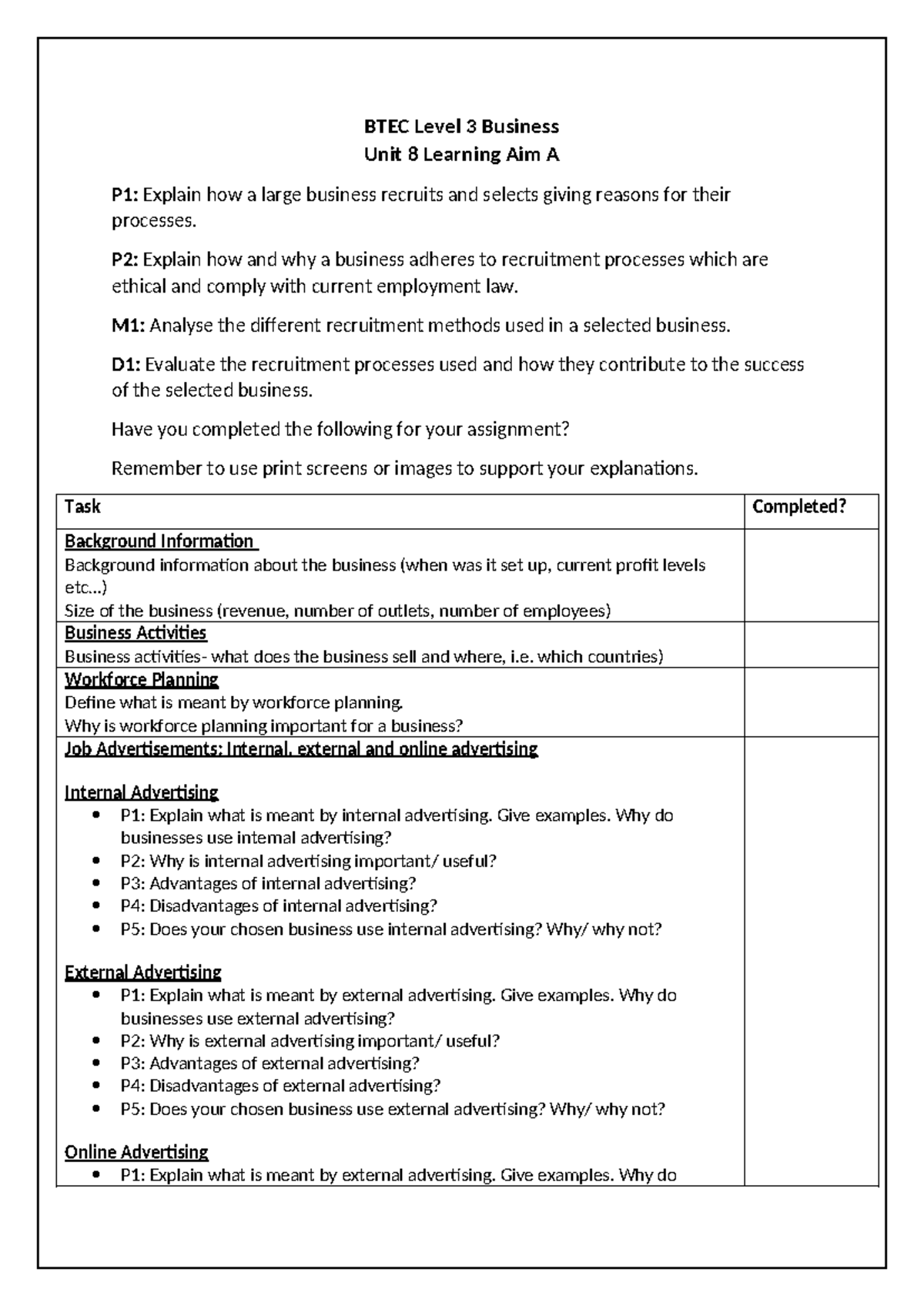 BTEC Level 3 Business Unit 8: Recruitment & Selection Processes ...