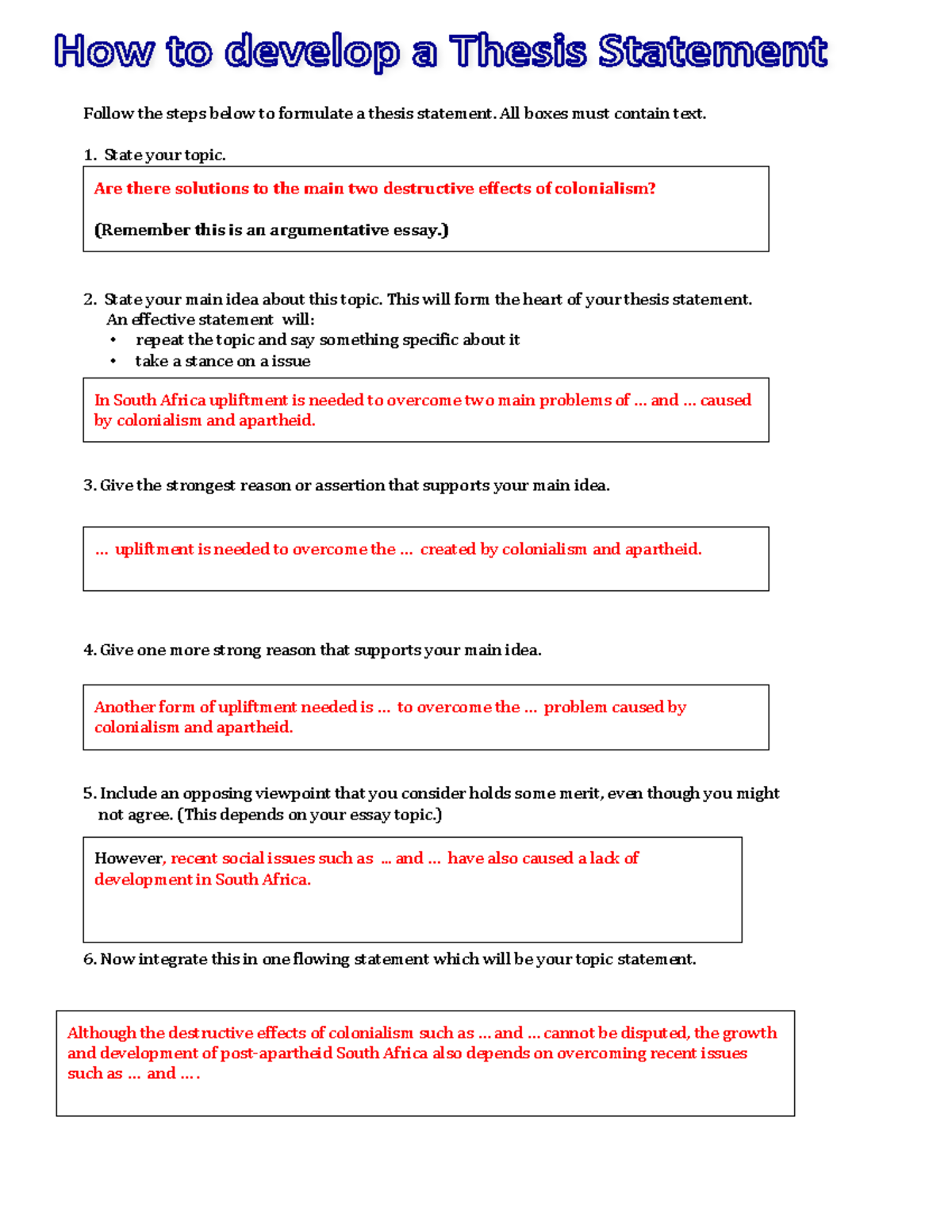 Thesis Statement Guide essay Q1 - Follow the steps below to formulate a ...
