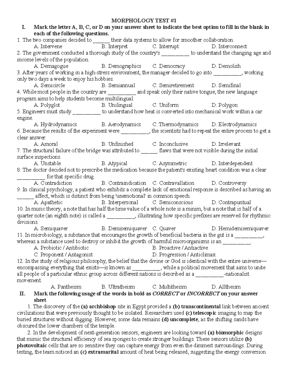 Morphology TEST I: Vocabulary and Usage Assessment - Studocu