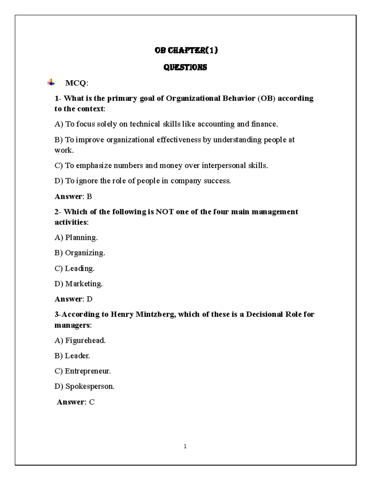 OB Chapter 1: MCQs & Short Essay Questions on Organizational Behavior ...