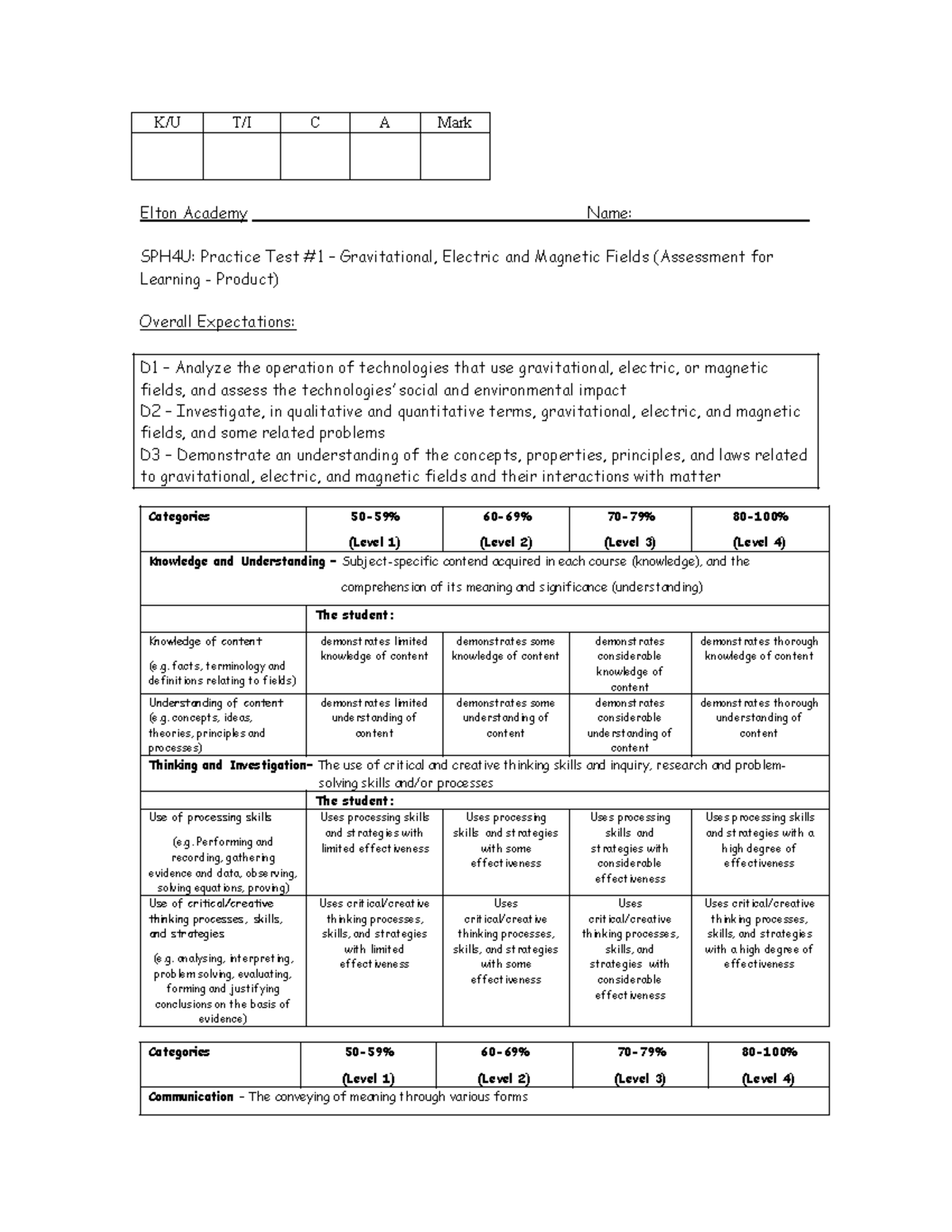 SPH4U: Practice Test on Gravitational, Electric & Magnetic Fields - Studocu