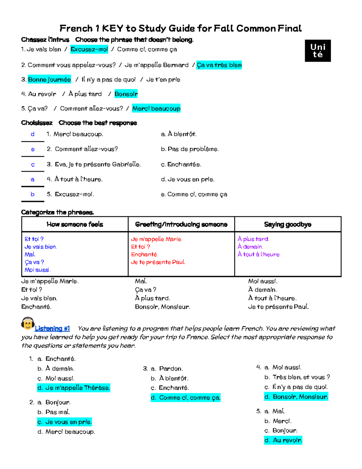 S1 - French 1 Answer Key to Study Guide for Fall Common Final - Studocu