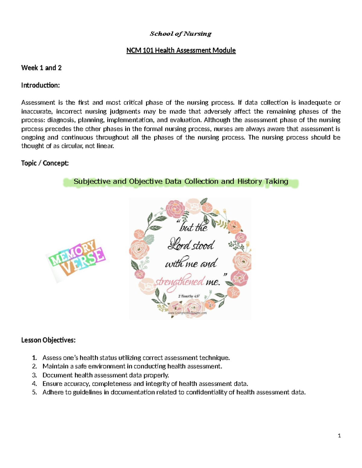 NCM 101 Health Assessment Module: Weeks 1-2 Overview and Key Concepts ...
