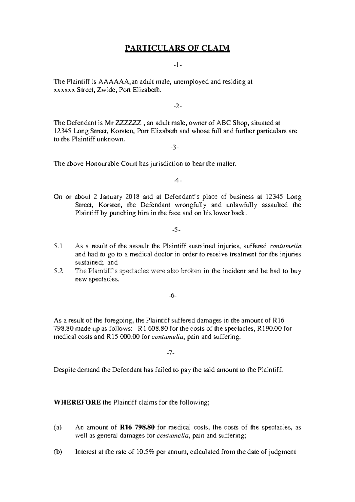 Particulars of Claim - Plaintiff vs. Defendant Case Summary - Studocu