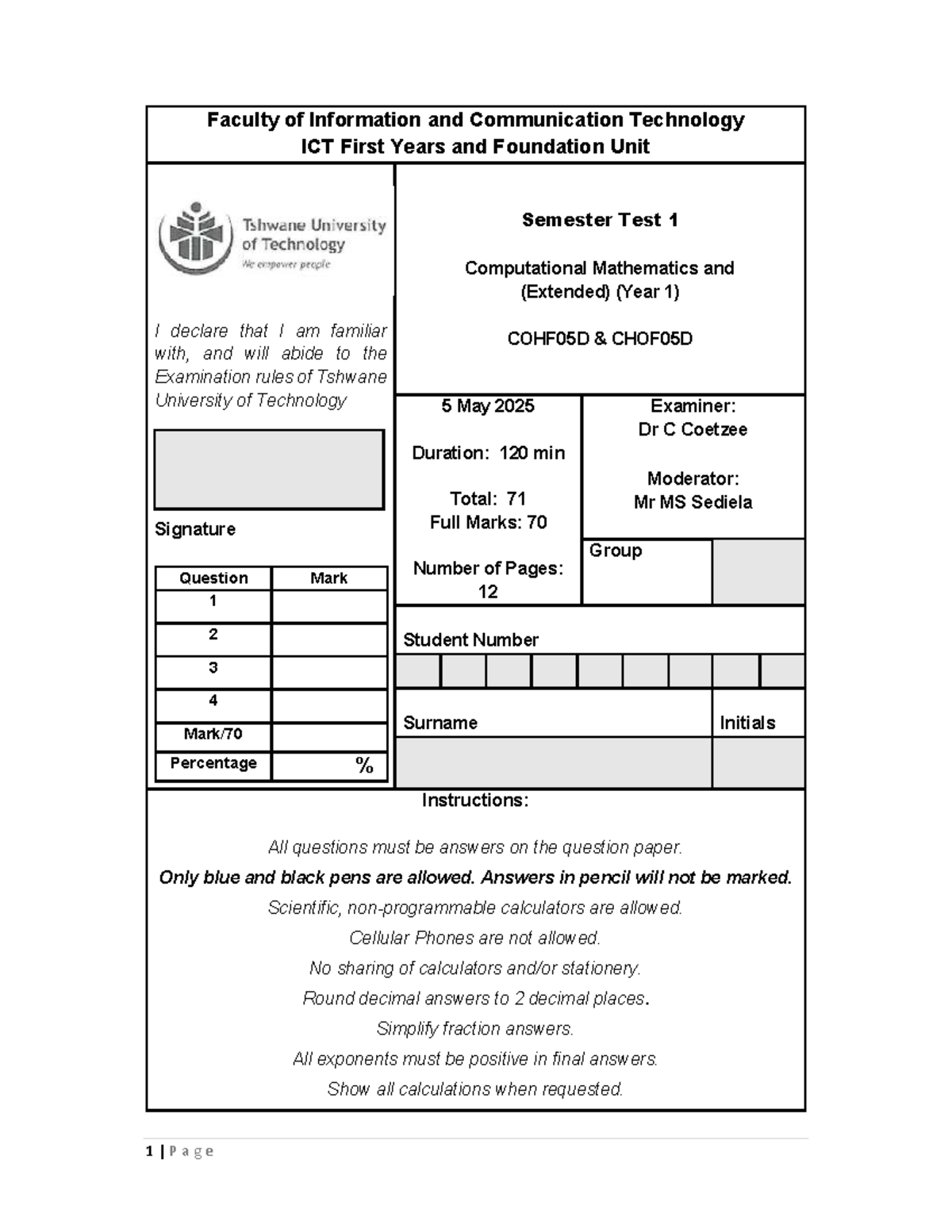 ST1 2025 COH - Semester Test 1: Computational Mathematics - Studocu