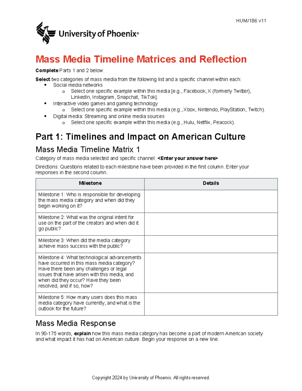 Hum186 v11 wk4 mass media timeline matrices and reflection - HUM/186 v ...