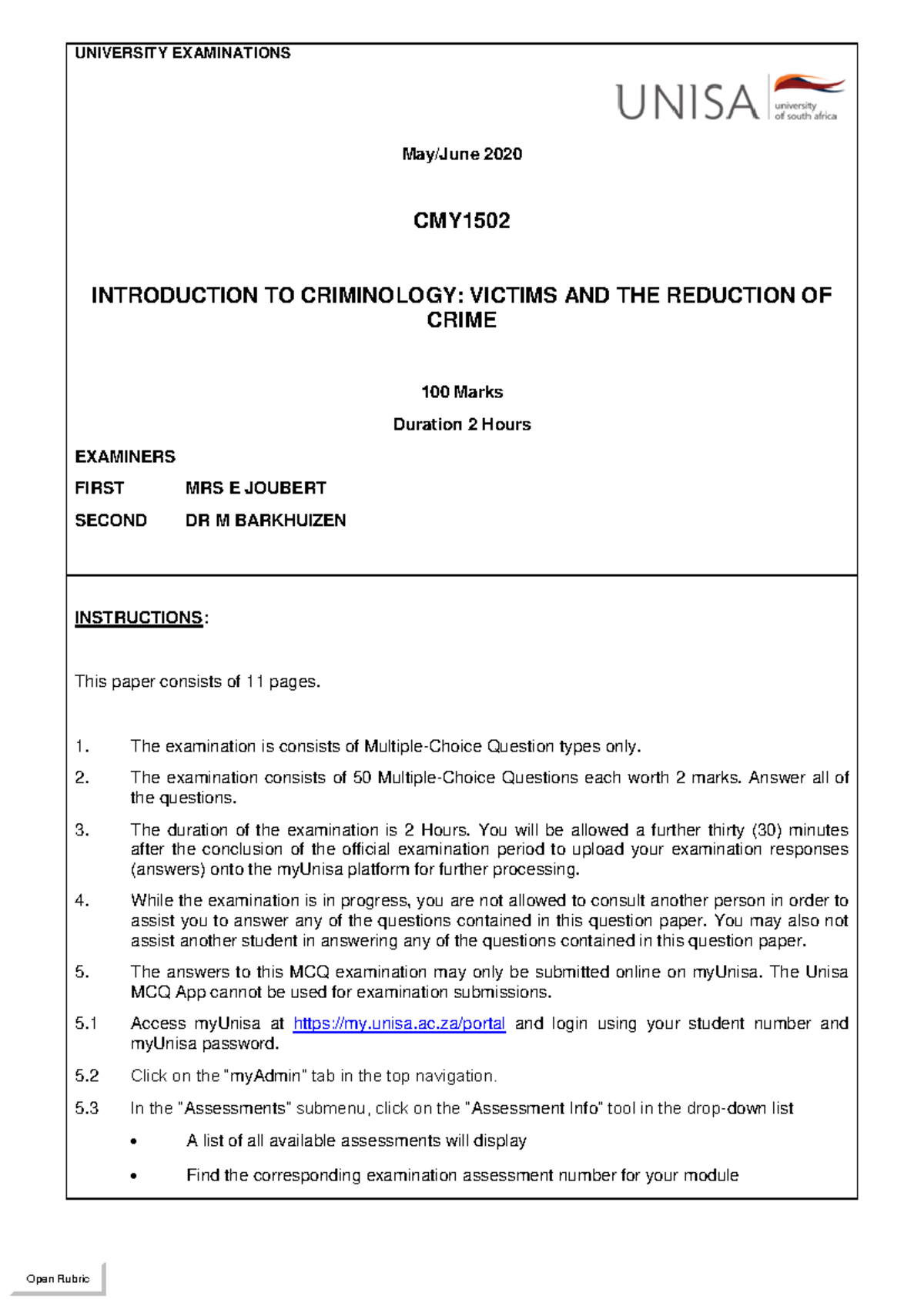 CMY1502 FINAL EXAM 2020: INTRODUCTION TO CRIMINOLOGY MCQs - Studocu