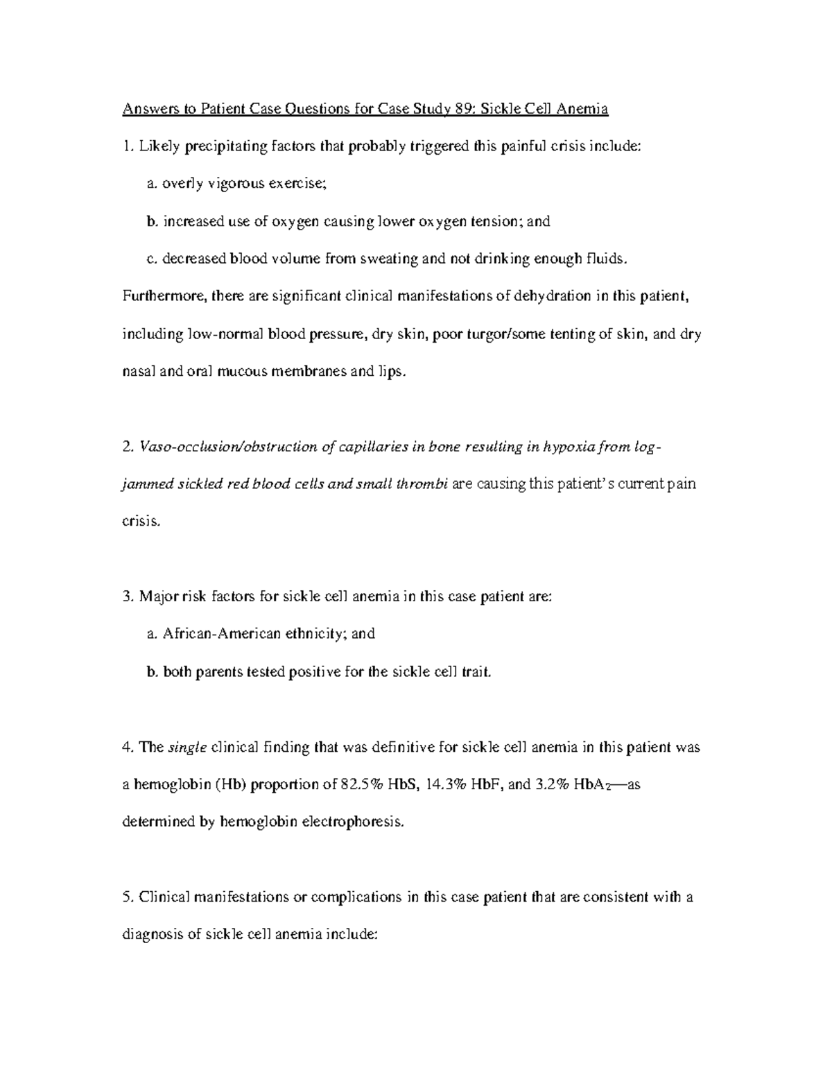 Sickle cell answers students - Answers to Patient Case Questions for ...