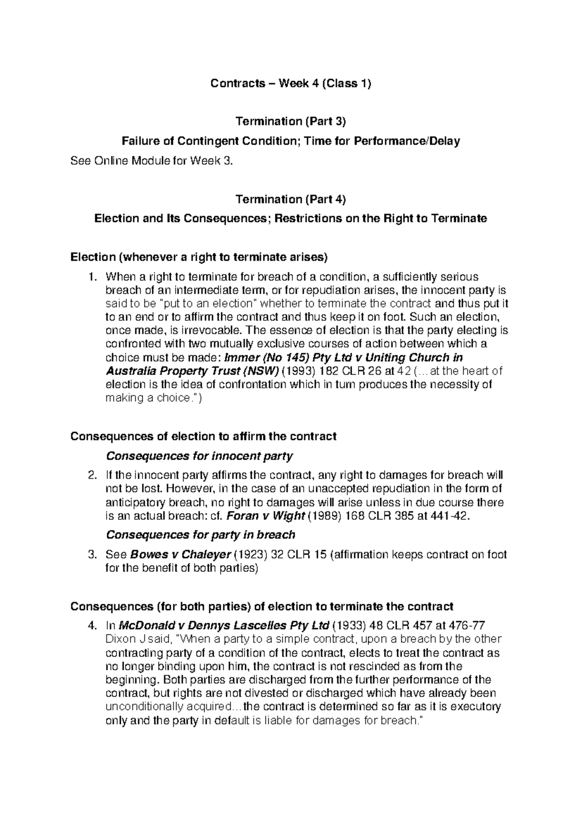Contracts Outline - Week 4 Class 1: Termination & Election Consequences - Studocu