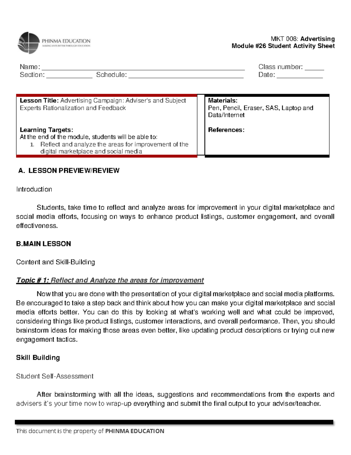 MKT 008: Advertising Campaign Improvement Activity Sheet - Studocu