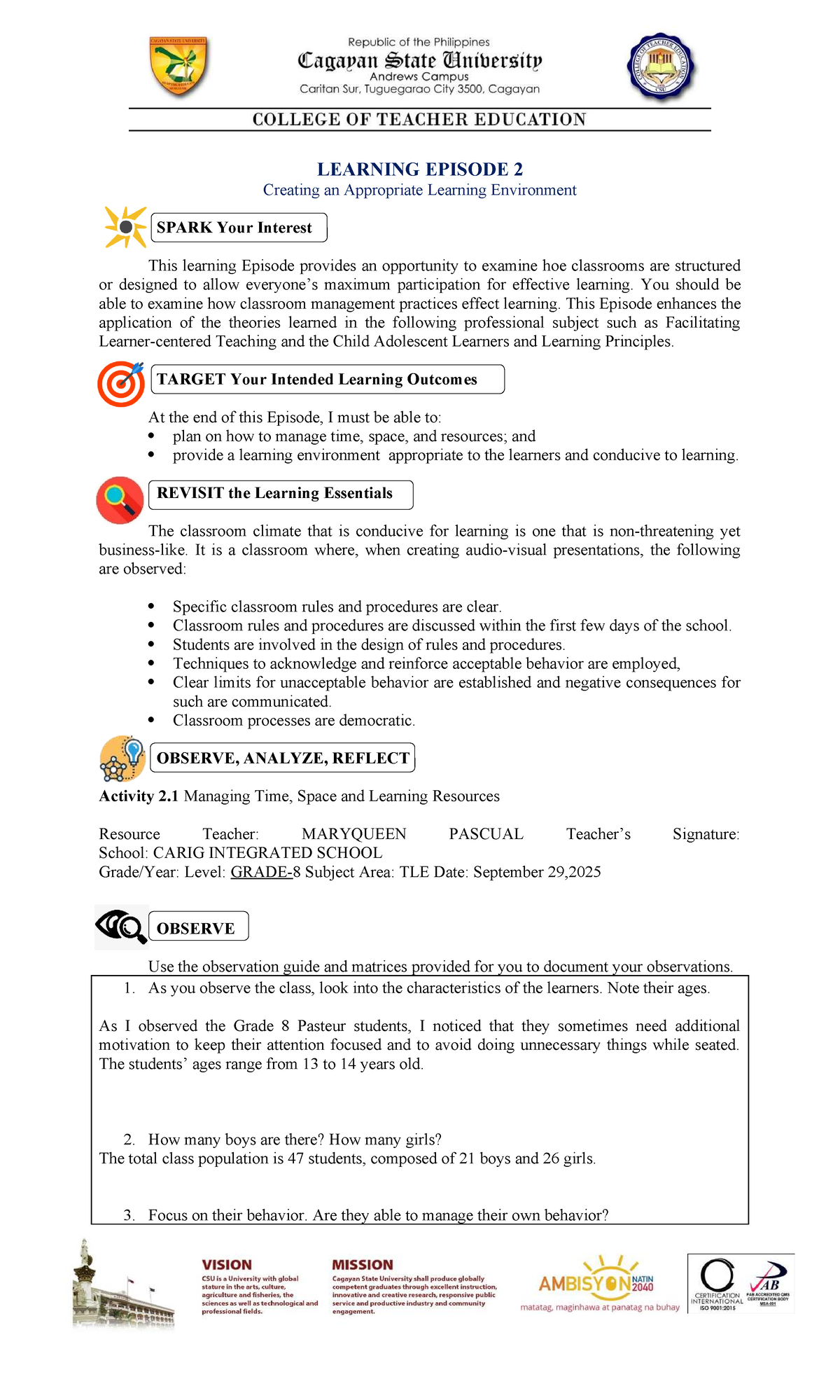 Field Study 1: Episode 2 - Creating an Effective Learning Environment ...